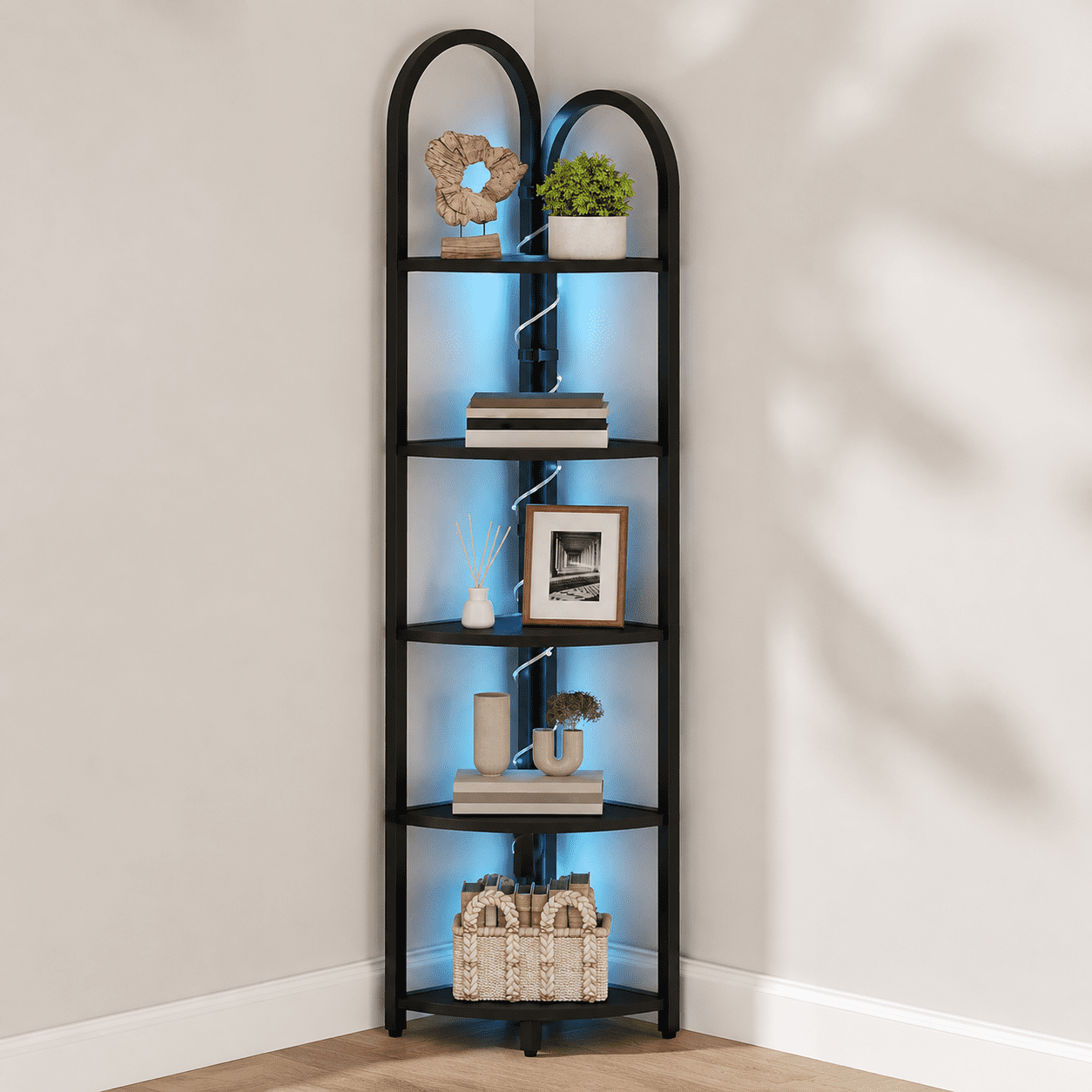 Black 5-Tier Tall Corner Bookcase with LED Lighting for Living Room ...