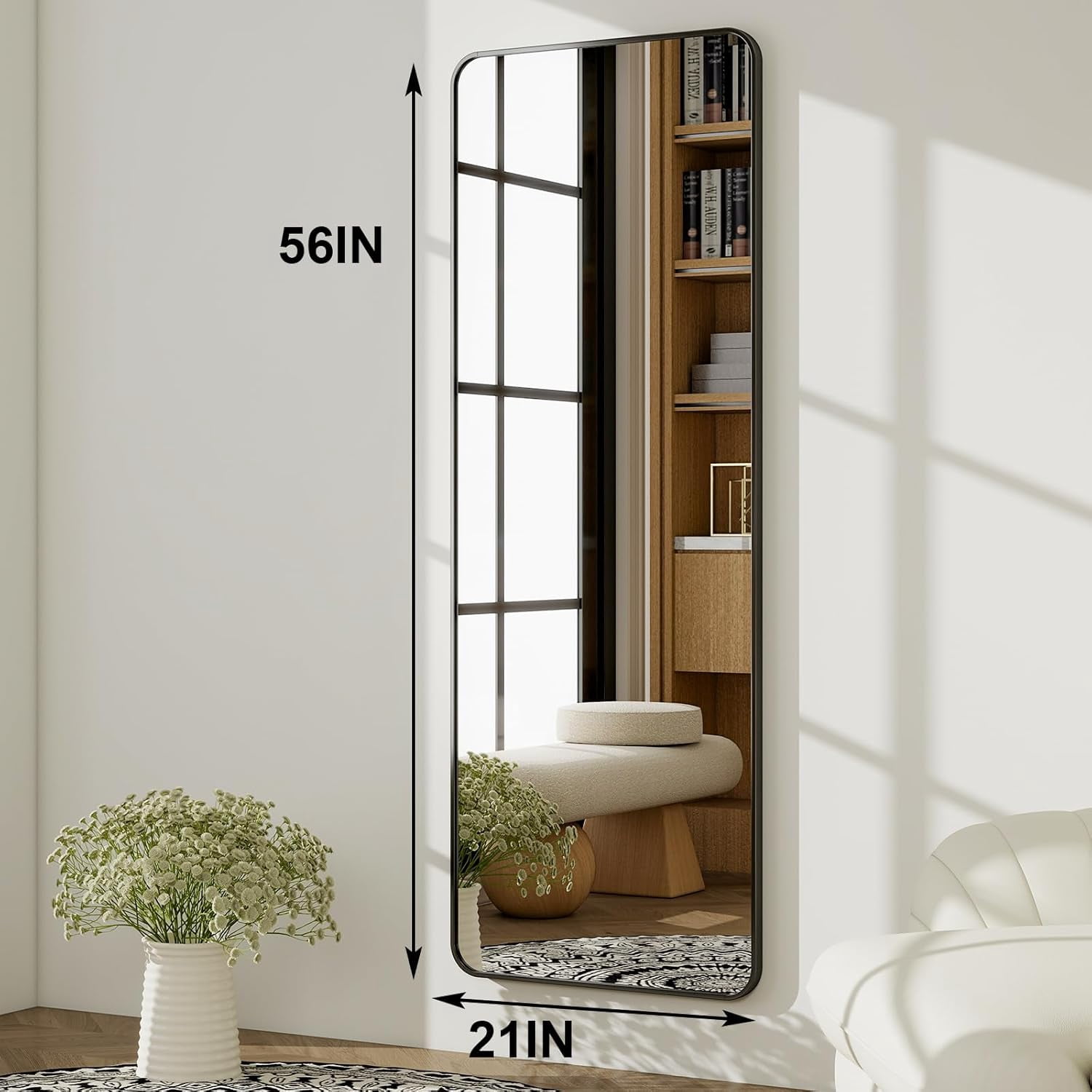 Black 56"x21" Full Body Floor Mirror, Rounded Corner Aluminum Frame ...