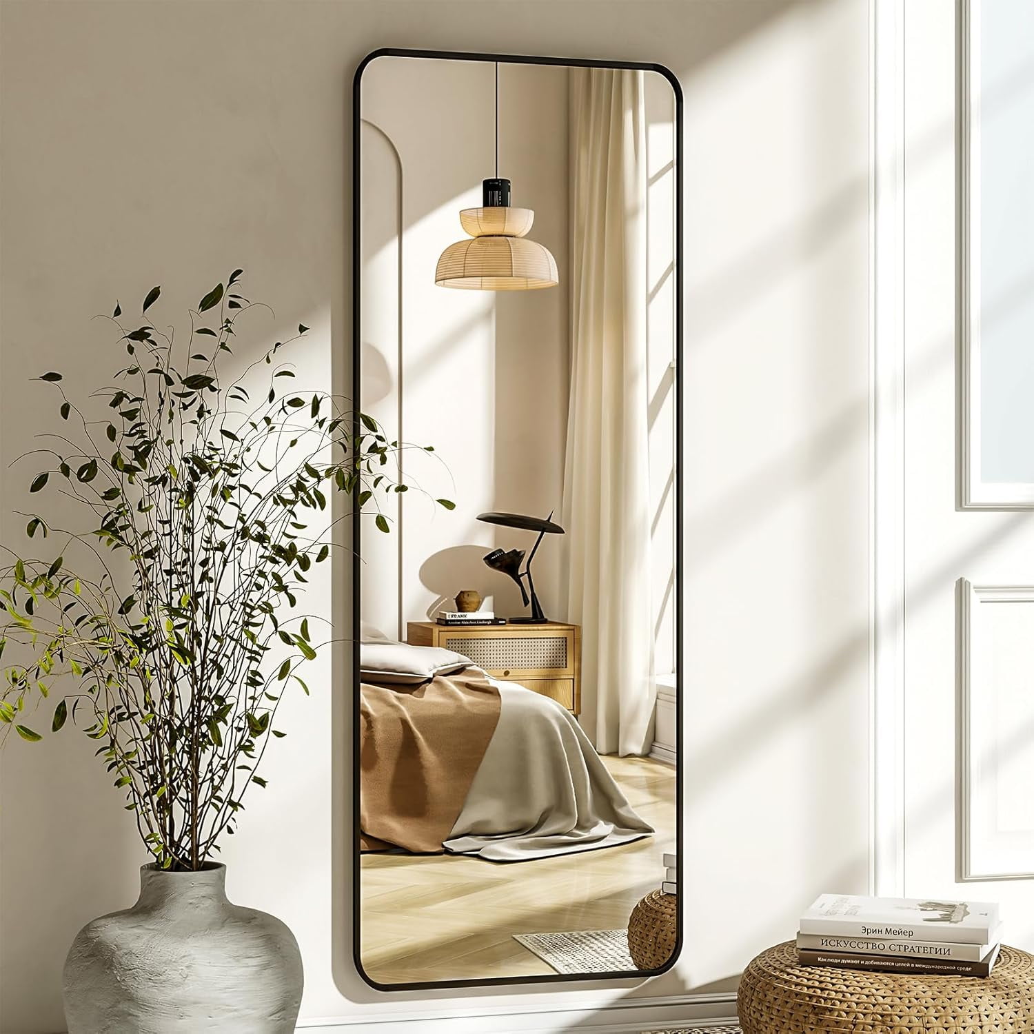 Black 56"x21" Full Length Floor Mirror, Rounded Corner Rectangle Full ...