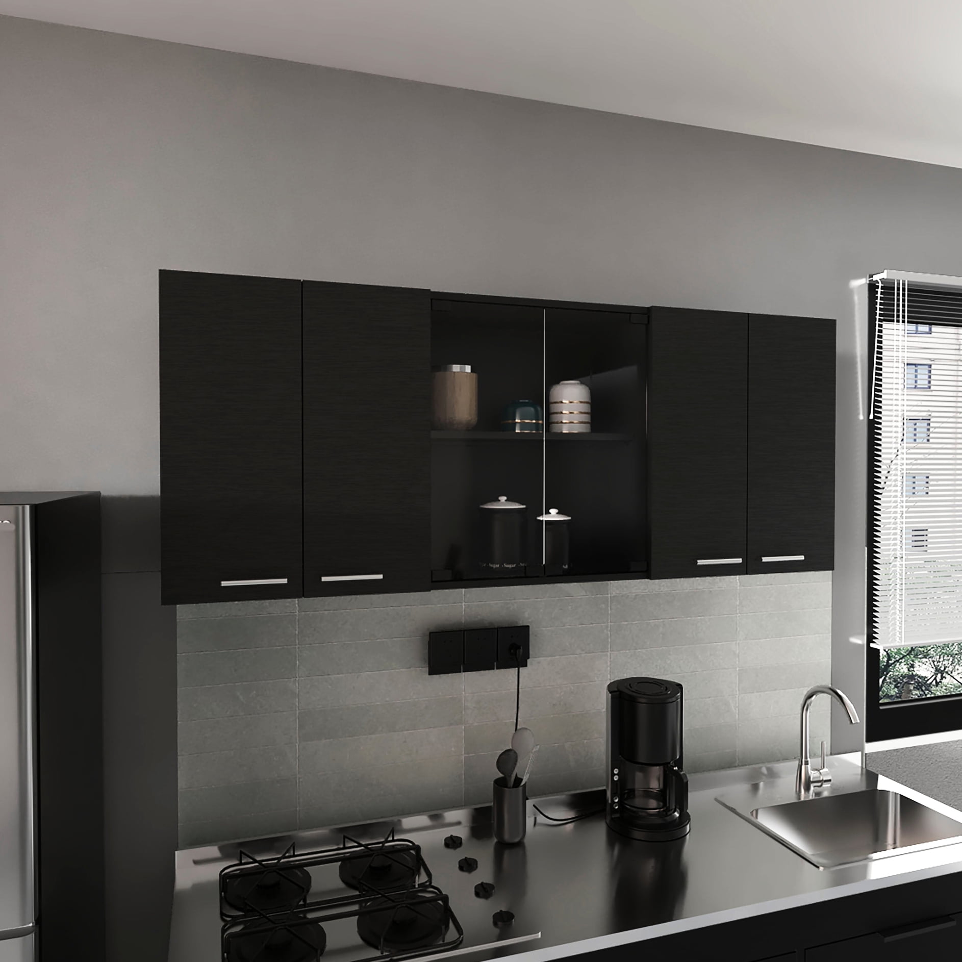 Black 59-inch Wall Cabinet Featuring Two Center Glass Doors 60.65-inch ...