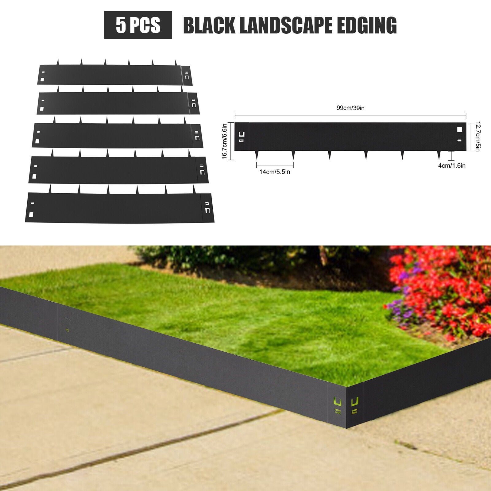 Black 5Pcs Steel Lawn Edging Metal Landscape Edging 5"x39" Garden ...