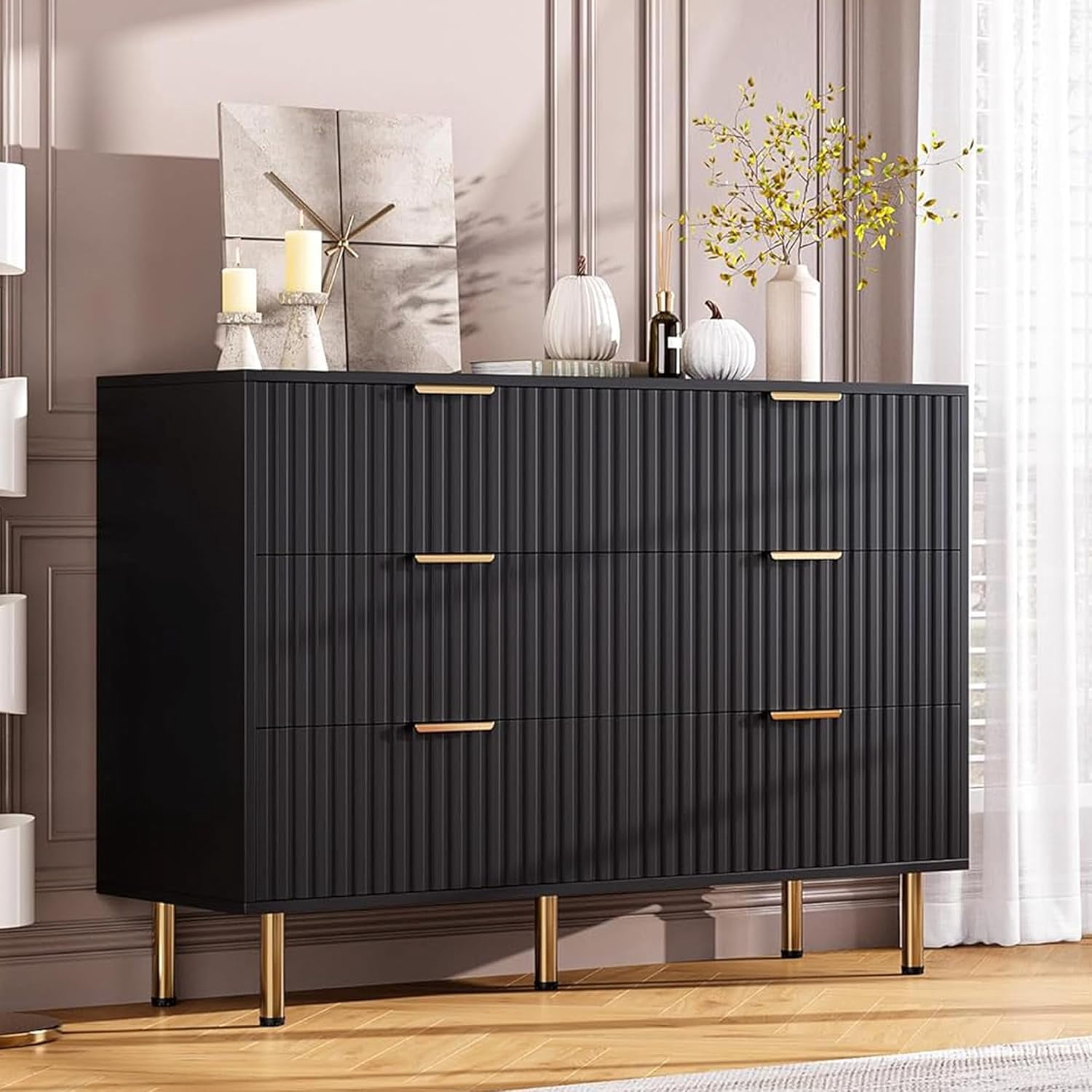 Black 6 Drawer Dresser for Bedroom, Fluted Dresser with Large Drawers ...