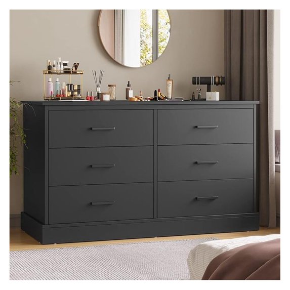 Black 6 Drawer Dresser Bedroom - Wood Storage Tower, Wide Chest, Large ...