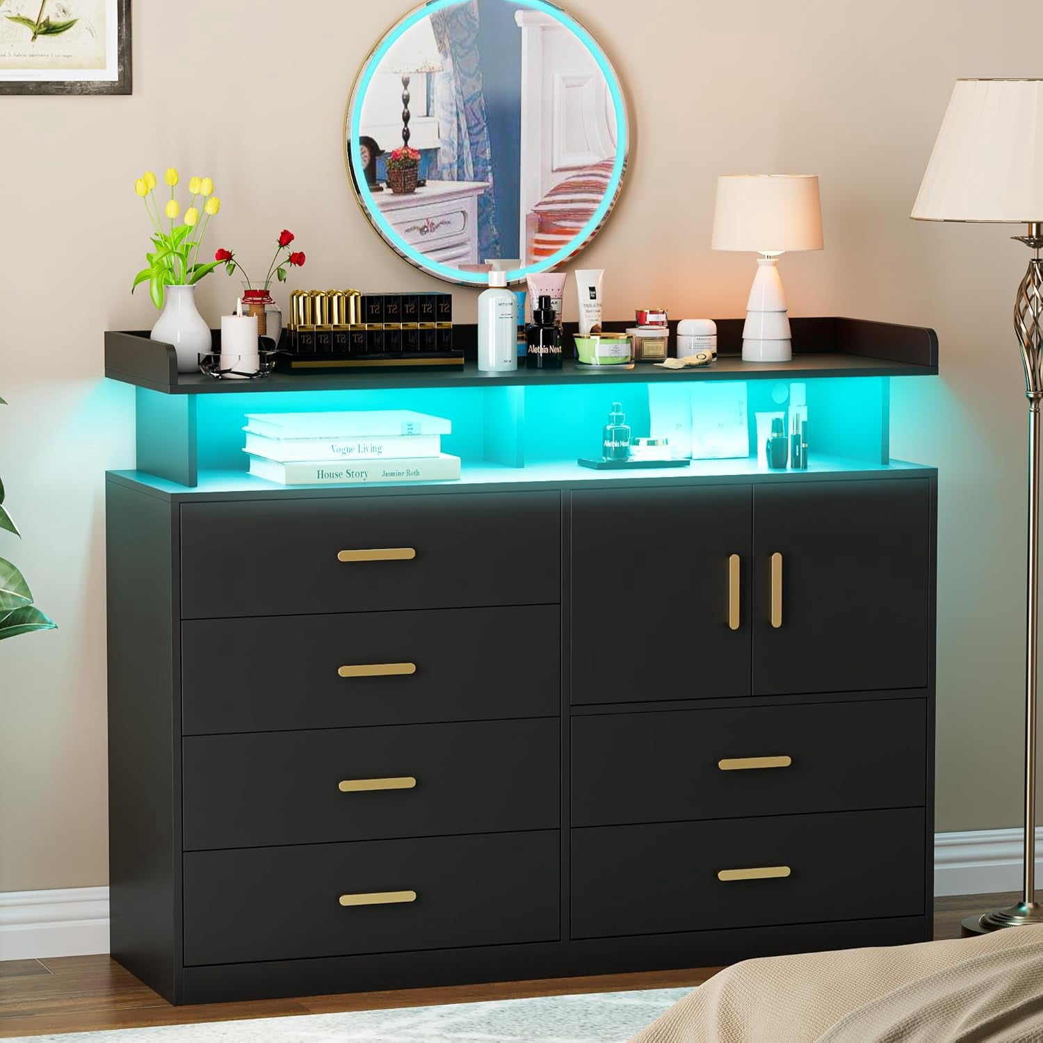 Black 6 Drawer Dresser with Charging Station & Led Light for Bedroom ...
