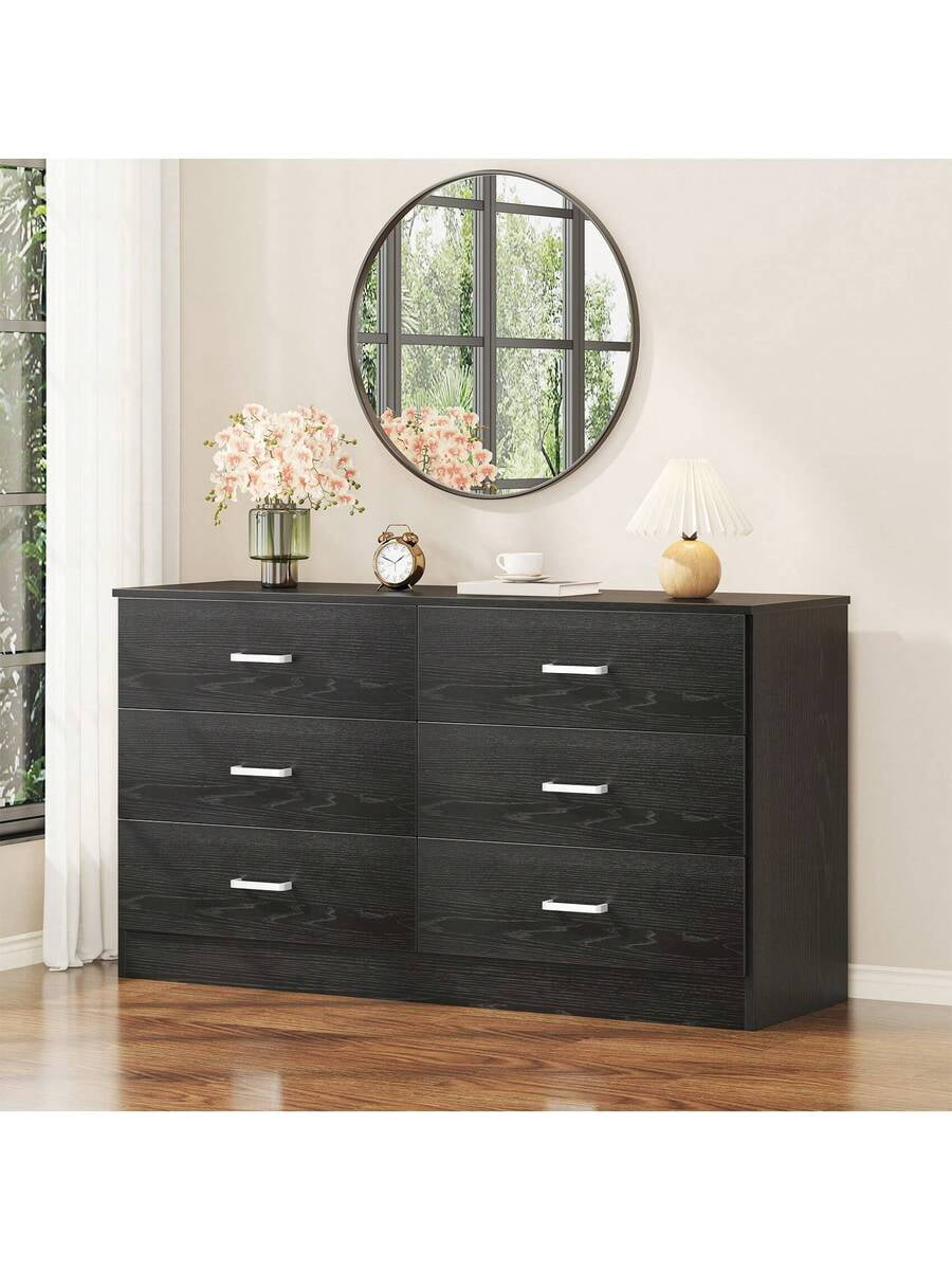 Black 6-Drawer Dresser With Wood Grain Finish And Silver-Tone Handles ...