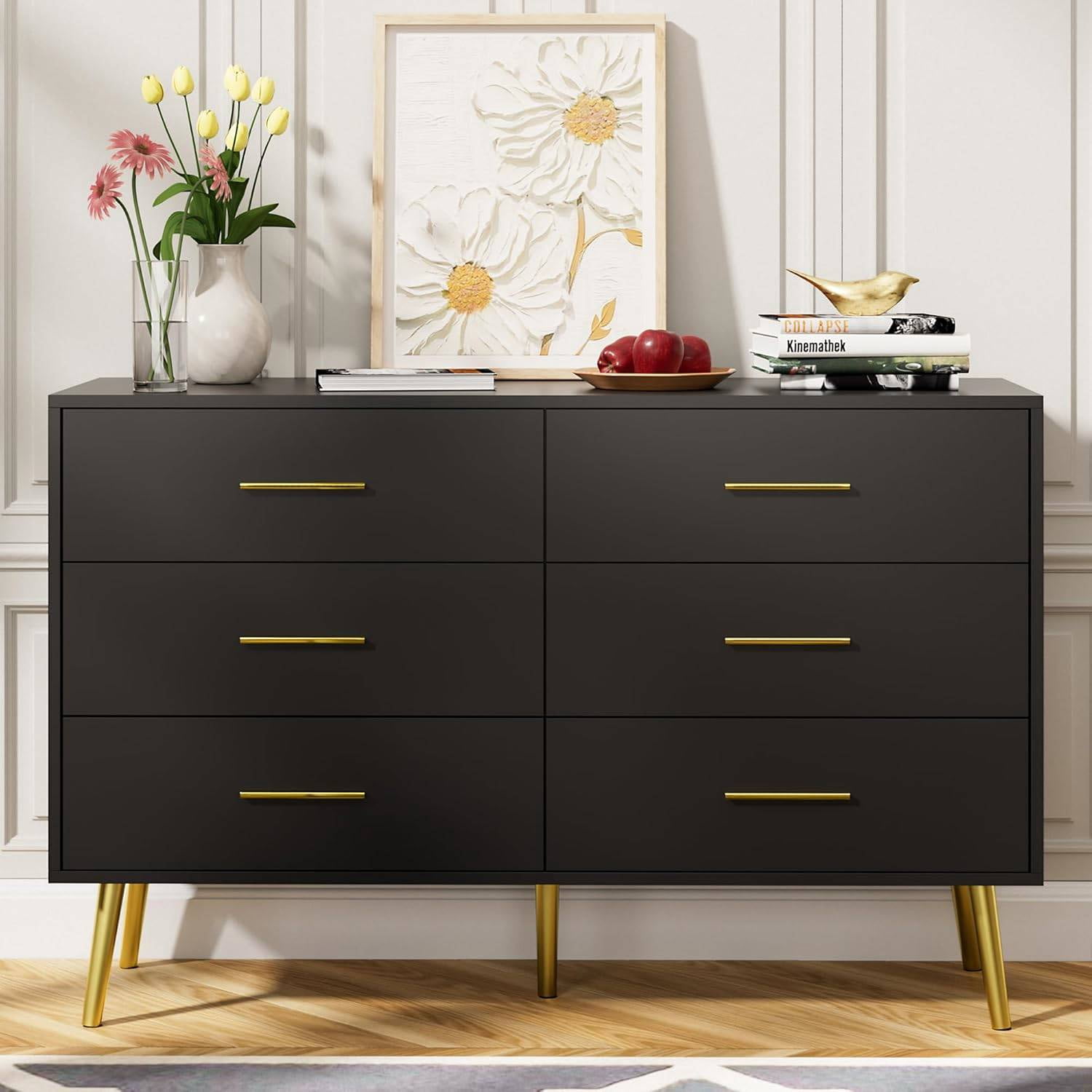 Black 6-Drawer Wood Dresser with Gold Handles, Modern Chest Organizer ...