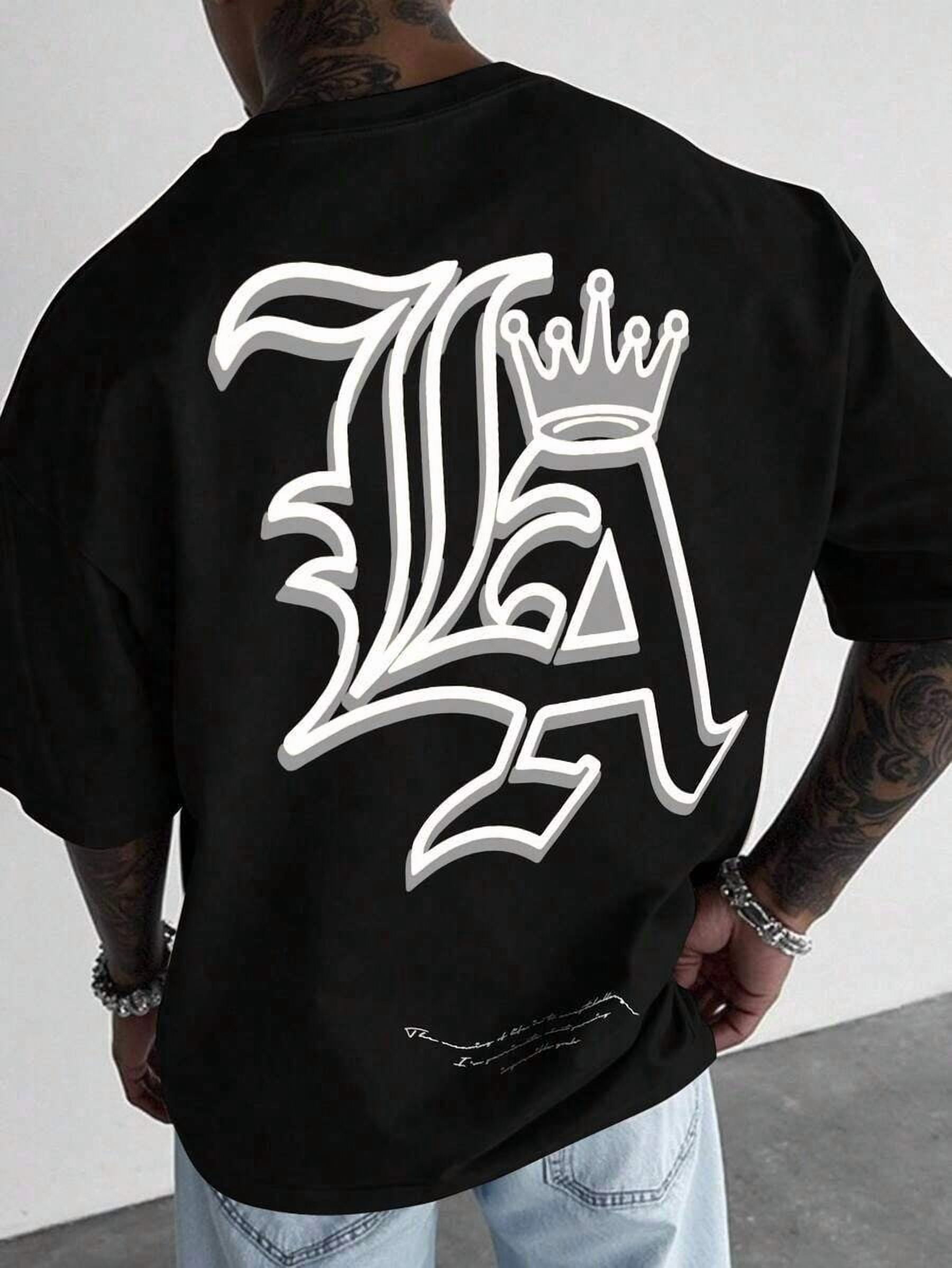 Black 6 Mens Oversized Crew Neck Graphic Tee With Crowned Gothic LA ...