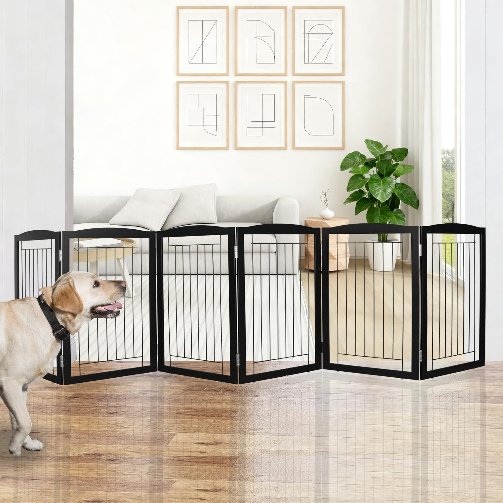 Black 【6 Panels】120''w x 32''h Freestanding Foldable Wooden Pet Gate ...