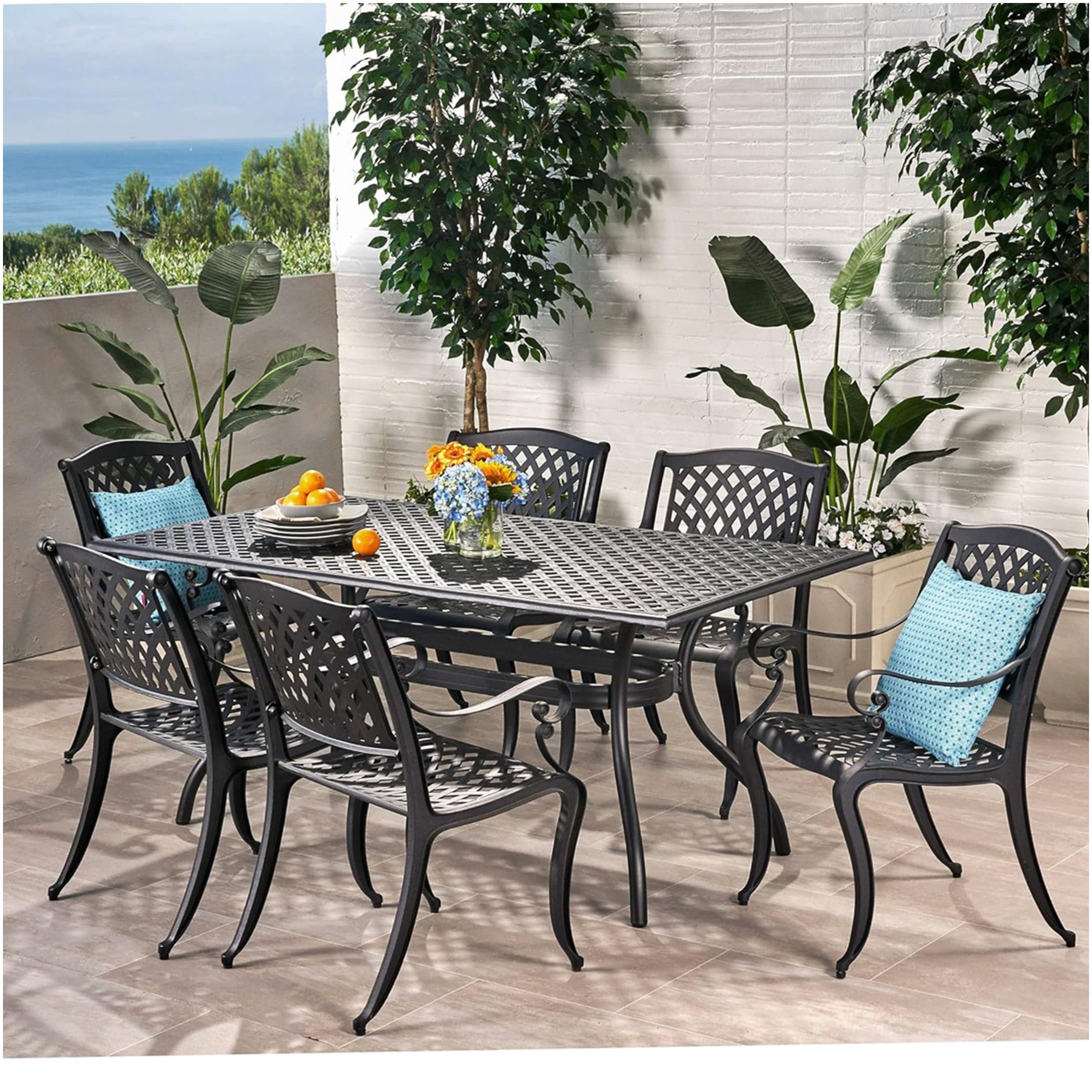 Black 6-Person Outdoor Dining Table Set with Umbrella Hole, All-Weather ...