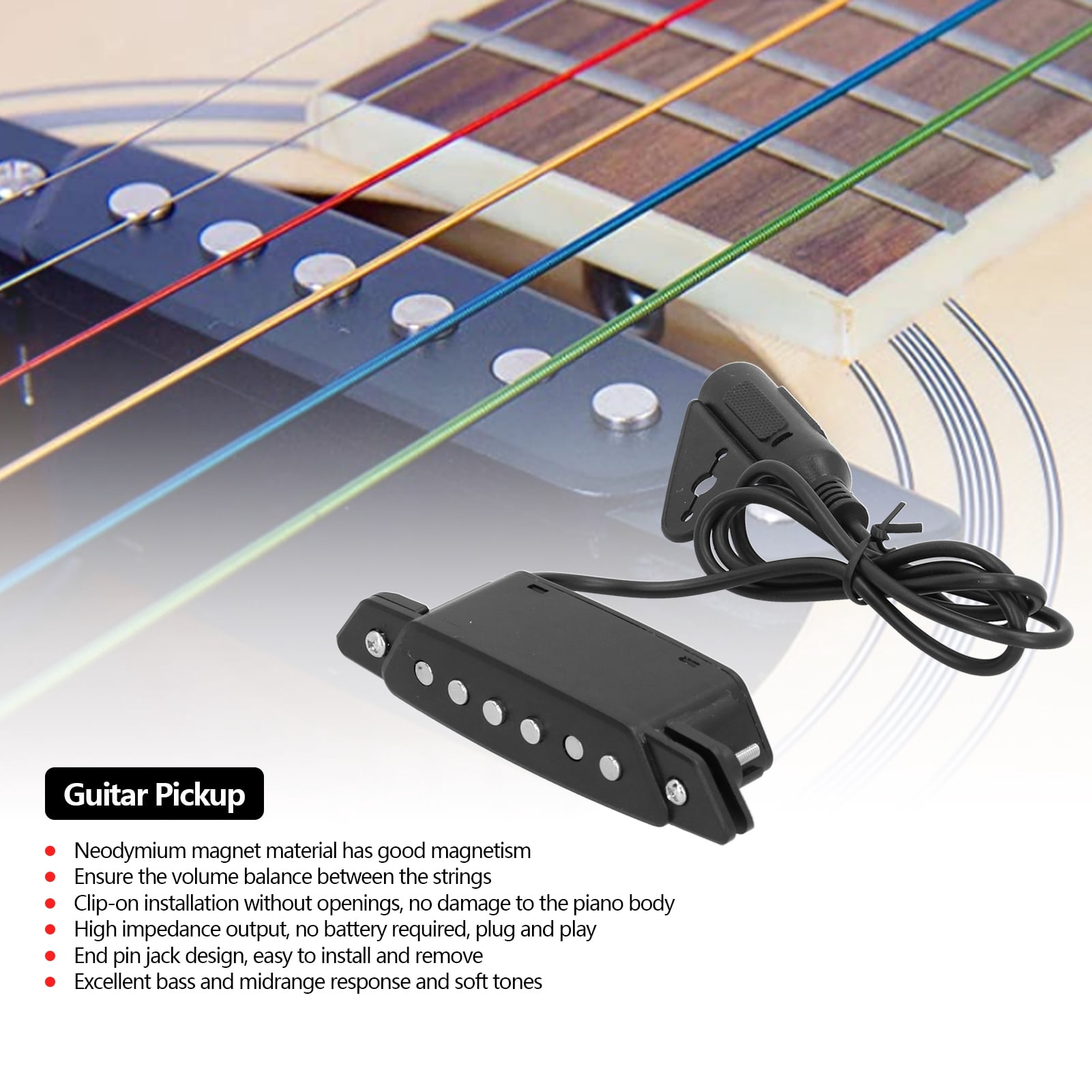 Black 6-String Acoustic Guitar Clip-on Pickup with 73cm Cable and Cross ...