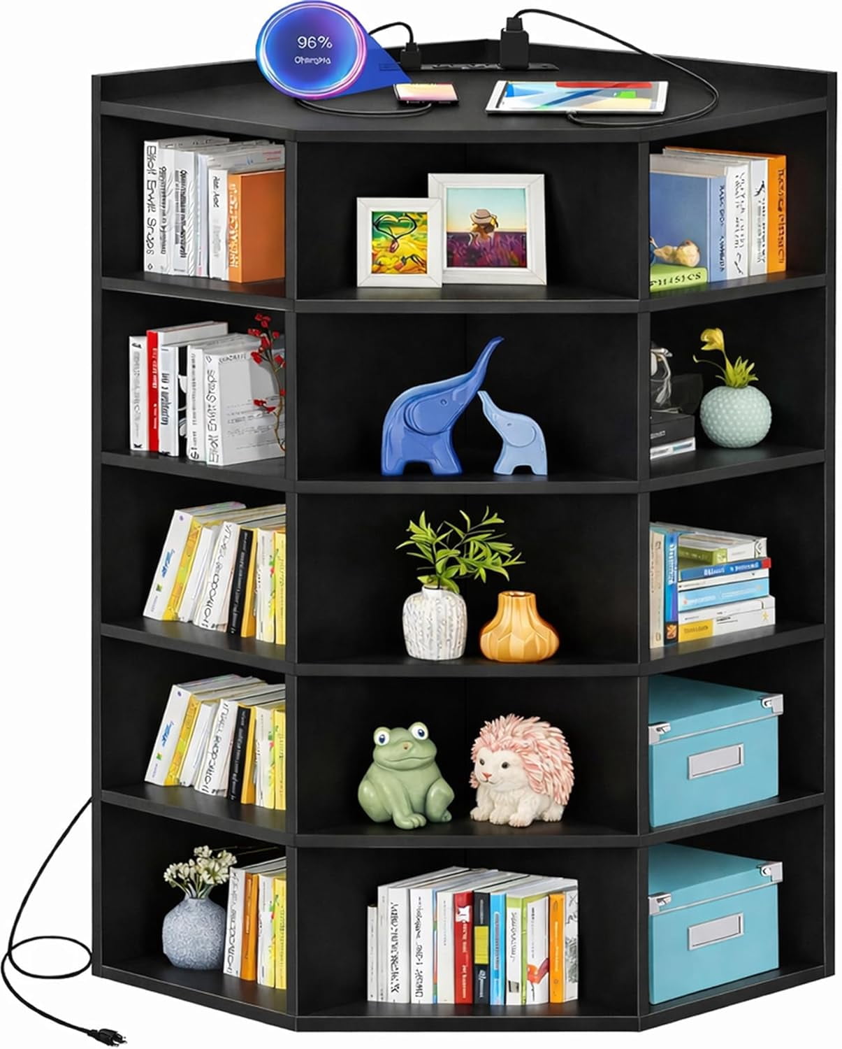 Black 6-Tier Corner Bookshelf with Power Outlets, L-Shaped Cubby Toy ...