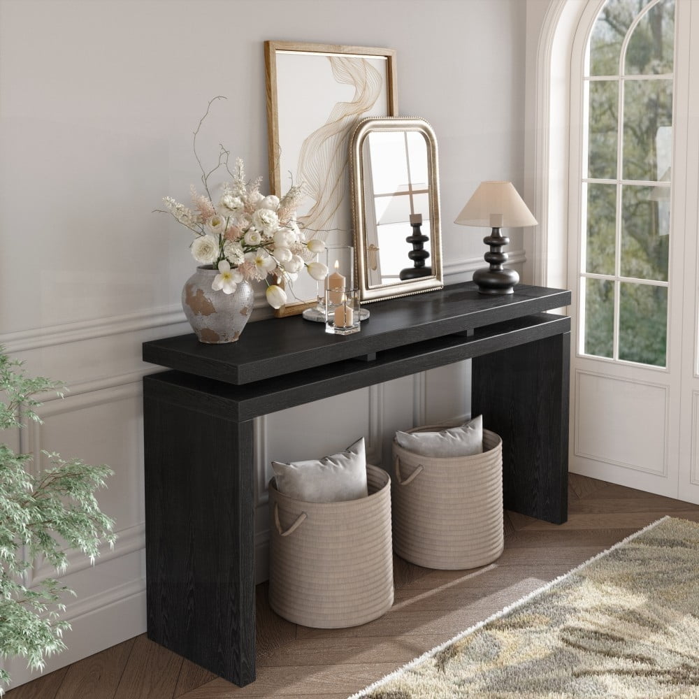 Black 60'' Farmhouse Console Table - Double Board Suspended, Made of ...