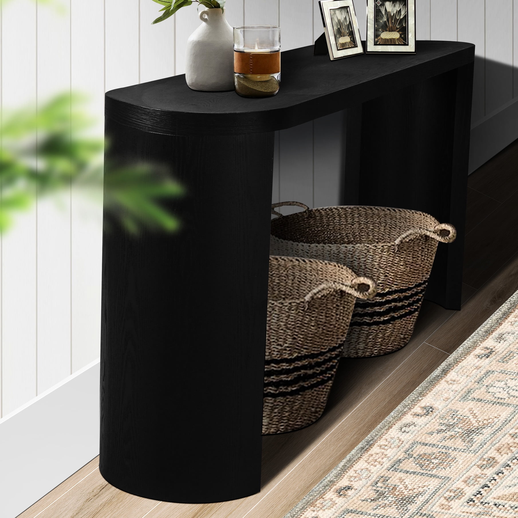 Black 60'' Thick Console Table, Curved Legs, Oval Top For Decorative ...