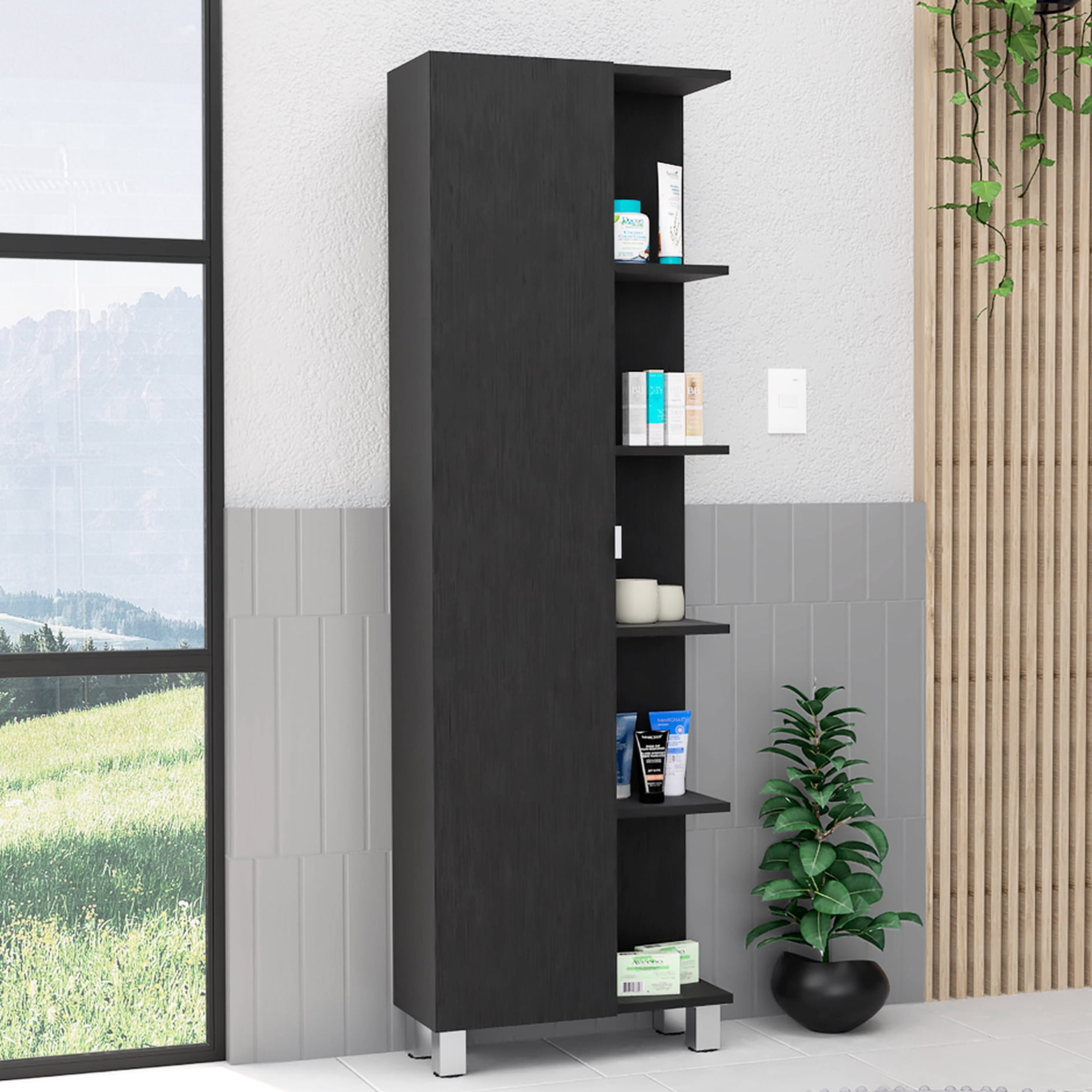 Black 62" High Cabinet With Four External Shelves And Three Interior ...