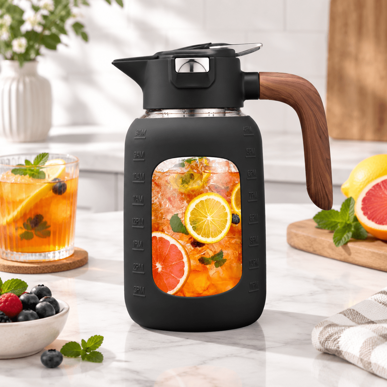 Black 64 Ounces Glass Pitcher With Lid and Handle for Hot Cold ...