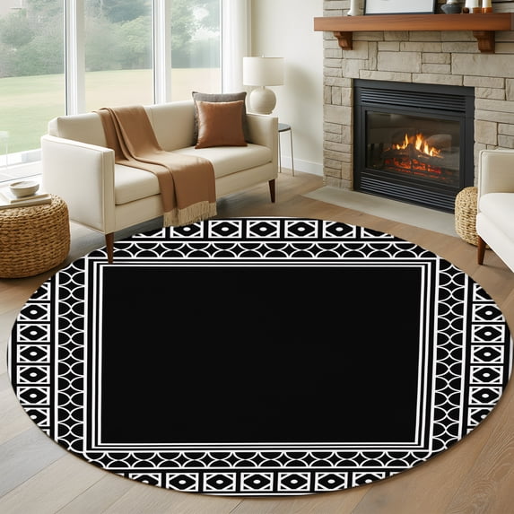 Black 6FT Round Area Rugs for Living Room Boho Diamond Pattern Border ...