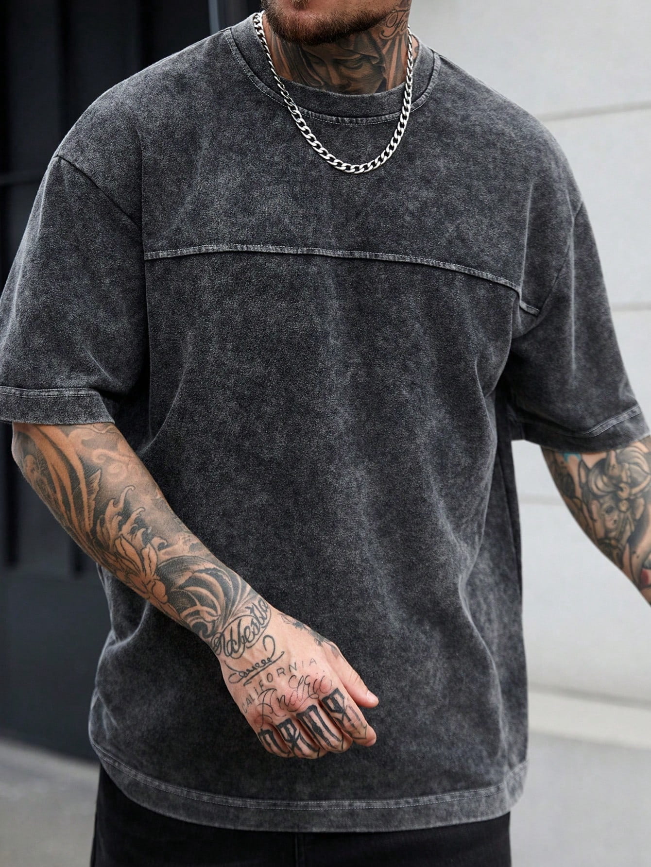 Black-7 Acid Wash Distressed Crew Neck Oversized Short Sleeve T-Shirt ...