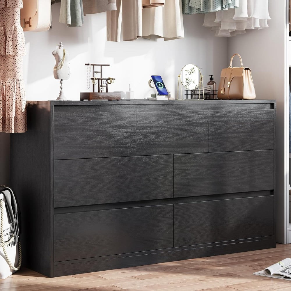 Black 7 Drawer Dresser with Charging Station, Wood Tall Chest of ...