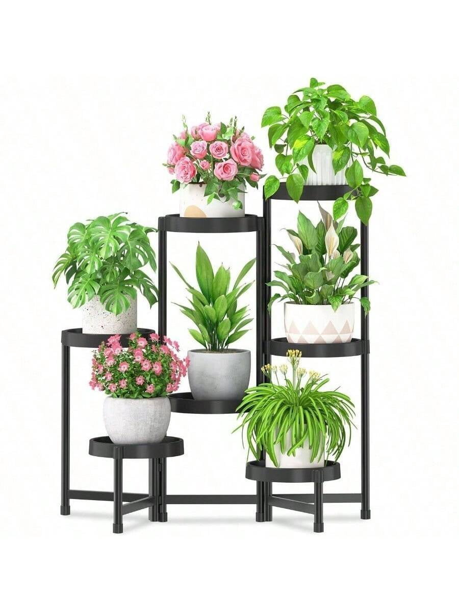Black 7-Tier Metal Plant Stand For Indoor Outdoor Use, Tiered Corner ...
