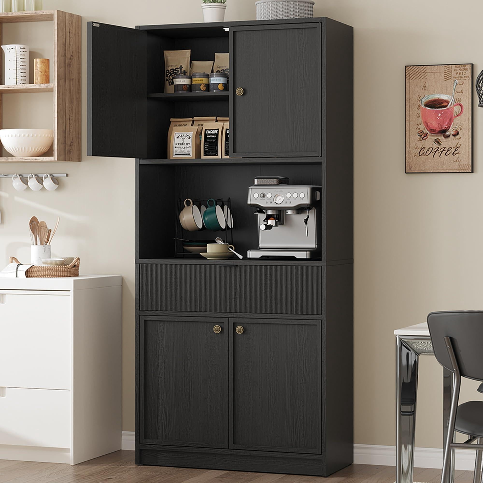 Black 70 Inch Fluted Kitchen Pantry Cabinet, Microwave Shelf ...