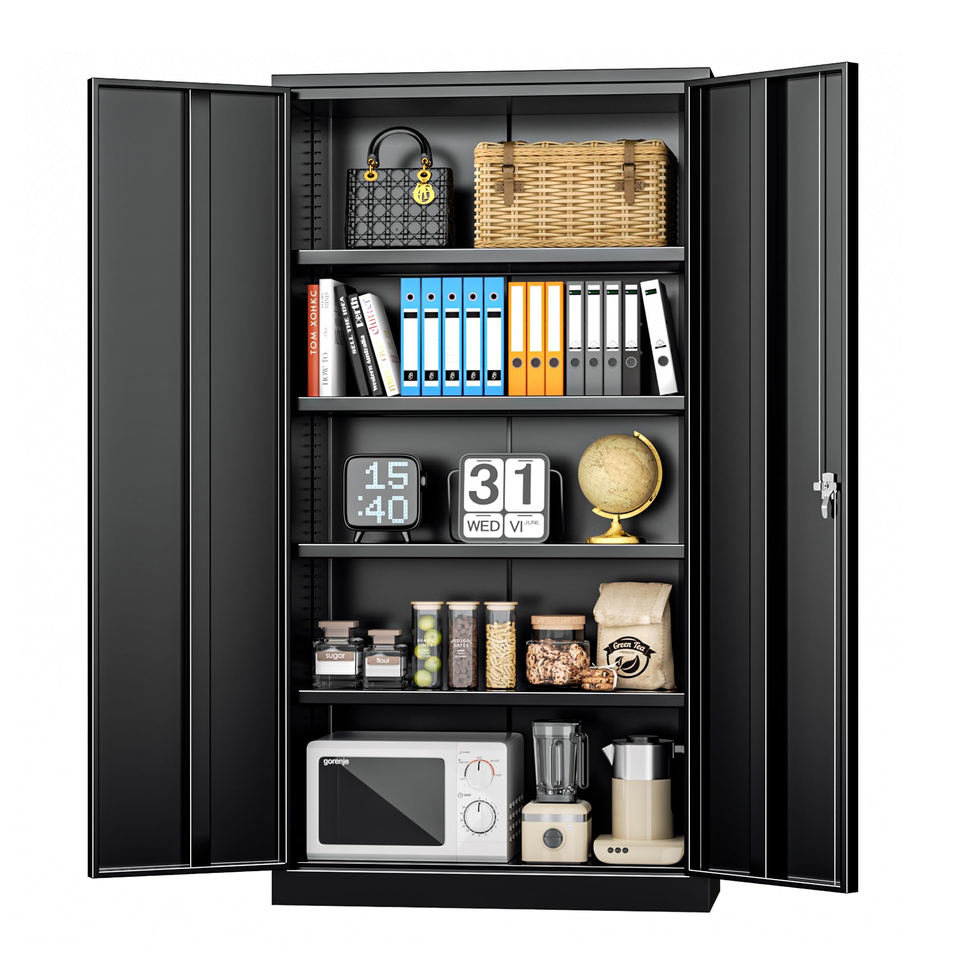 Black 72 Inch Metal Storage Cabinet, Lockable Steel Cabinet with Doors ...