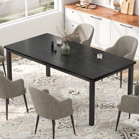 Black 79 Inch Industrial Rectangular Dining Table, Round Corner Wooden ...