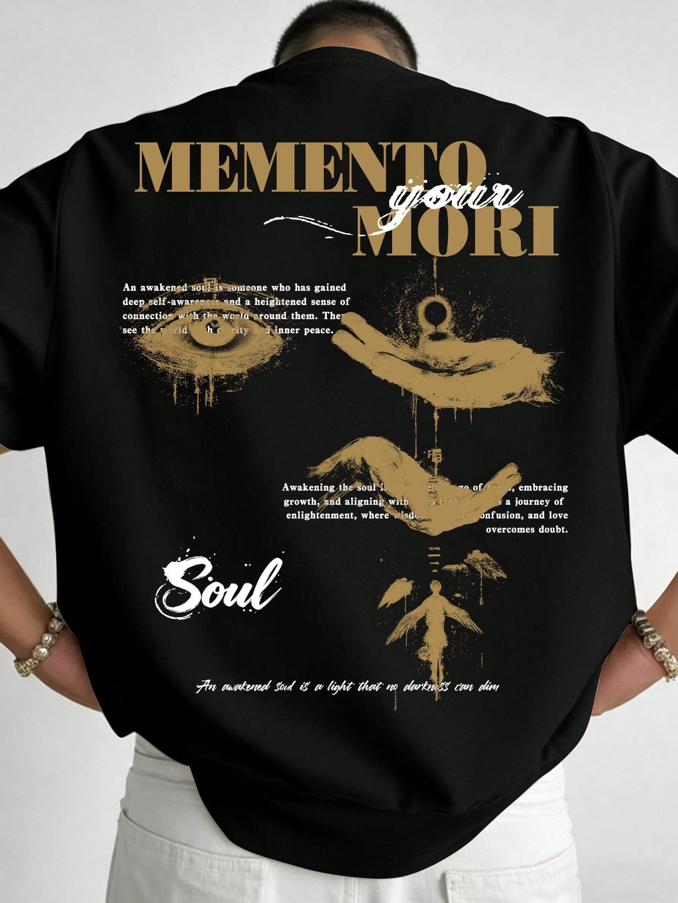 Black-8 Mens Oversized Memento Mori Graphic T-Shirt With Gold Foil ...