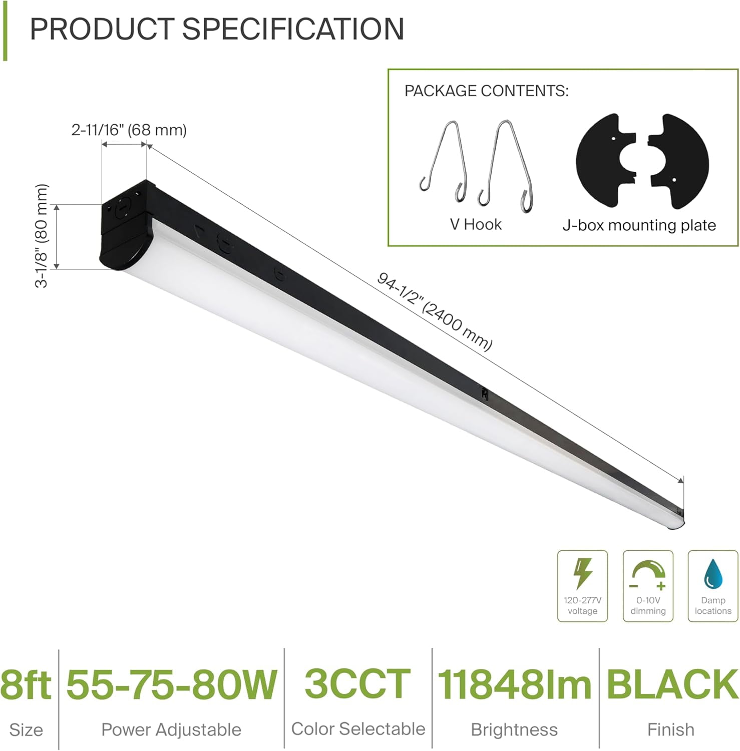 Black 8ft LED Linear Strip Light Fixture - 55W-80W 11848LM Linkable ...