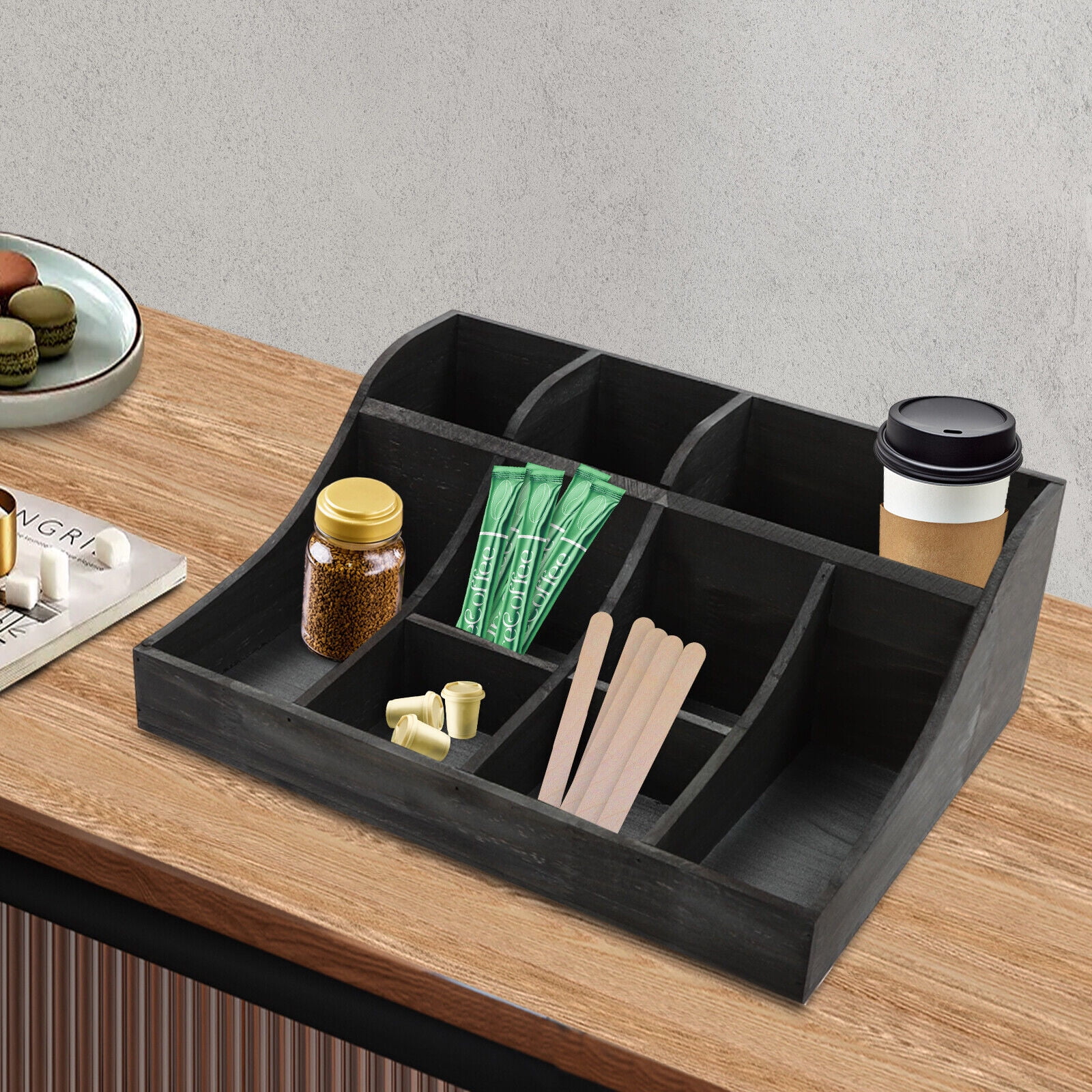 9 Compartment Condiment Organizer Wooden Coffee Tea Bags Condiment ...