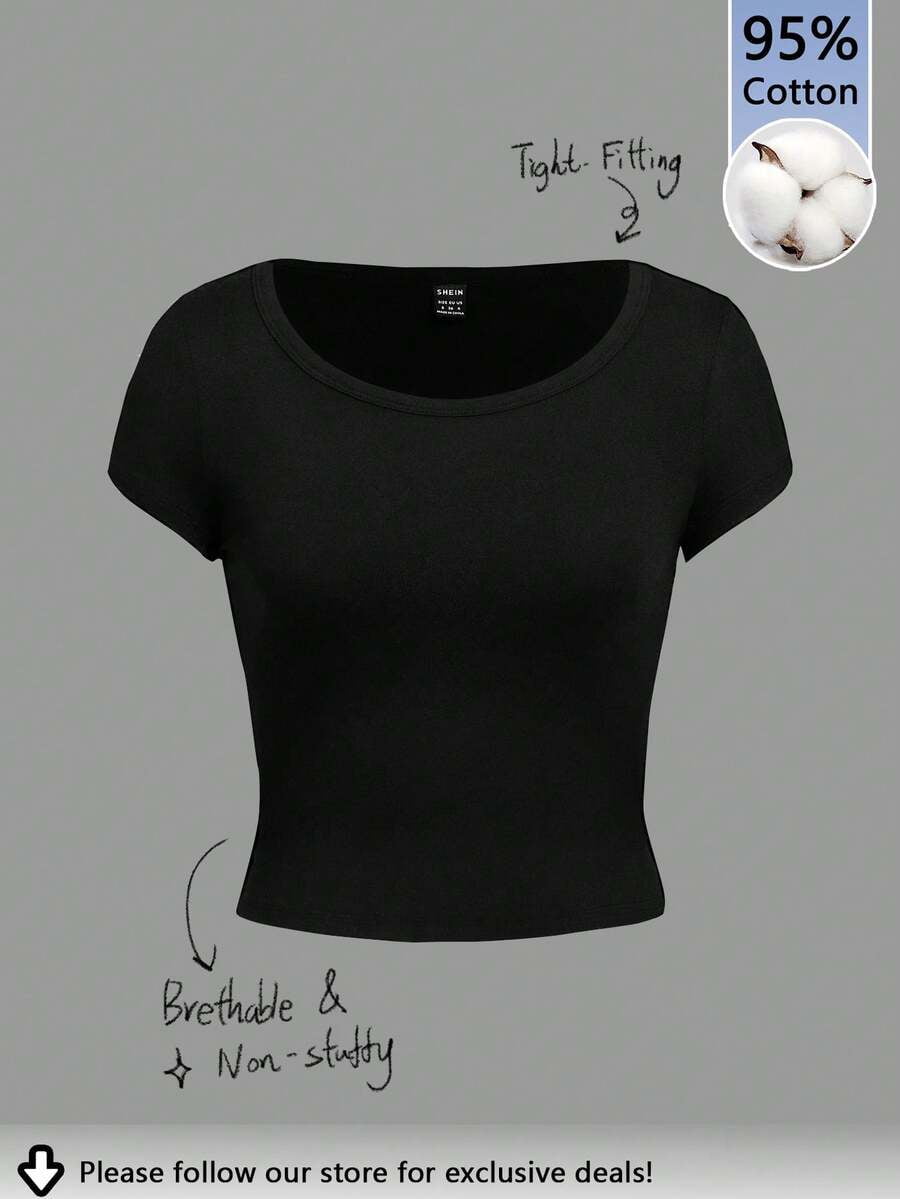 Black 95% Cotton Crop T-Shirt, Round Neck Short Sleeve Tight Fit ...