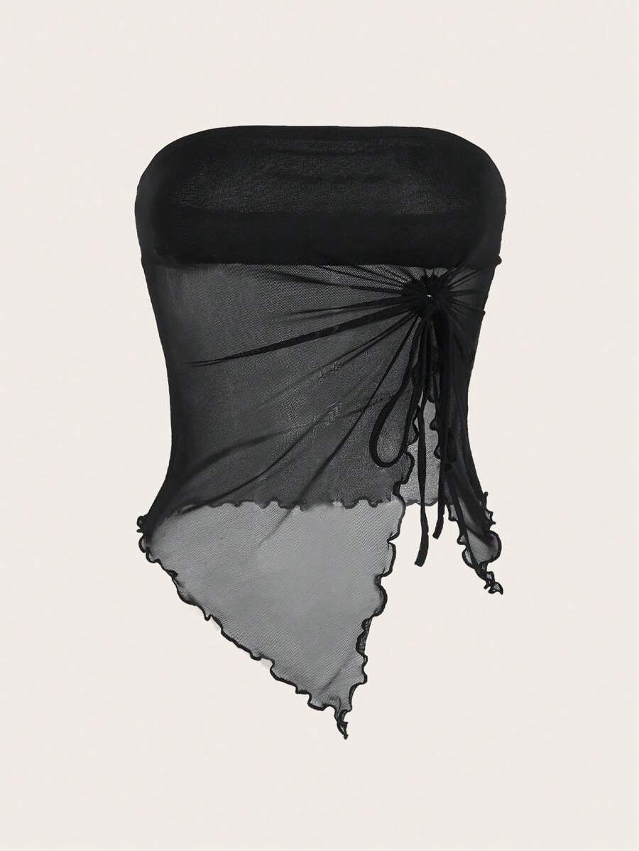 Black 95% Cotton Drawstring Asymmetrical Hem Fitted Sheer Tube Top ...