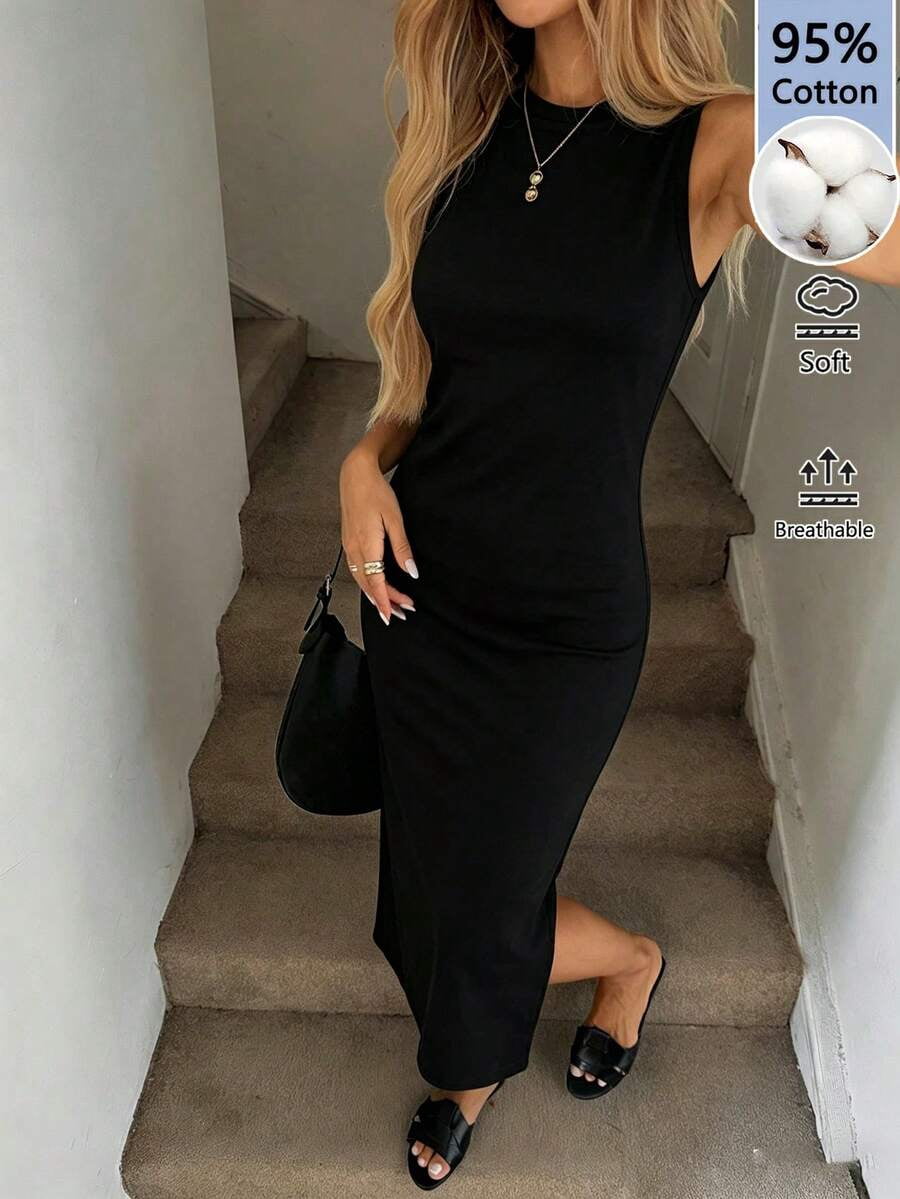 Black 95% Cotton Fitted Side Slit Mid-Length Dress, Casual Summer ...