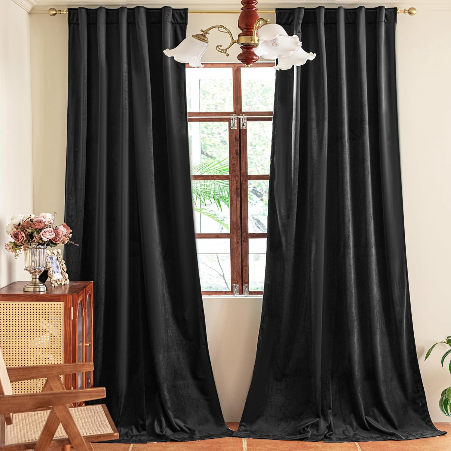 Black 96 inches Extra Long Velvet Curtains Soft Thick Blackout Window ...