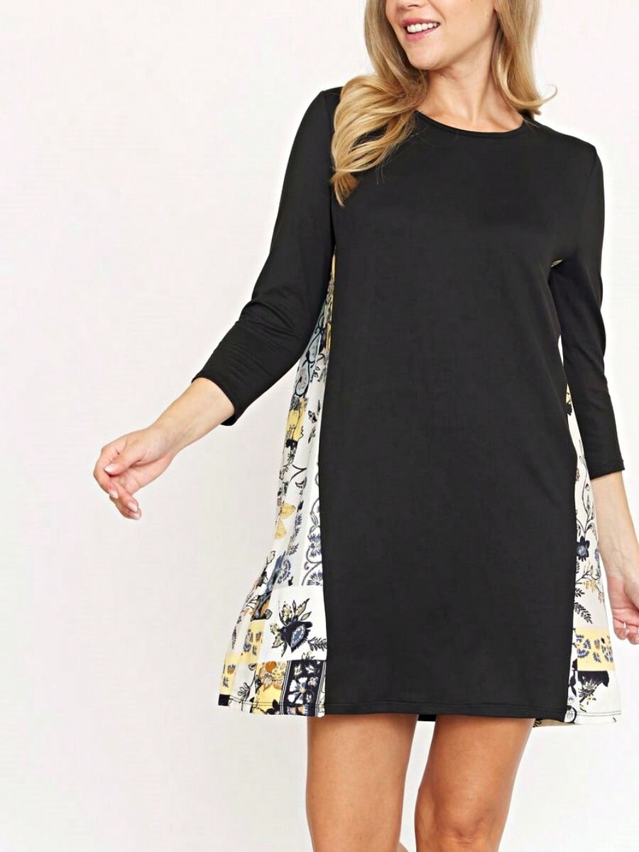 Black A-Line Mini Dress With Floral Contrast 3/4 Sleeve Boho Retro ...