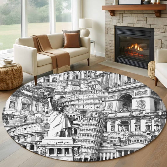 Black Abstract Art 6FT Round Area Rugs for Living Room Classical World ...