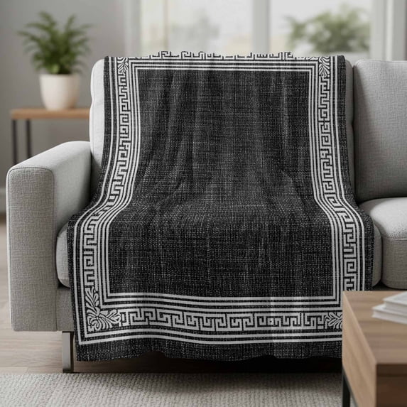 Black Abstract Art Fleece Throw Blanket Vintage Linen Greek Key ...
