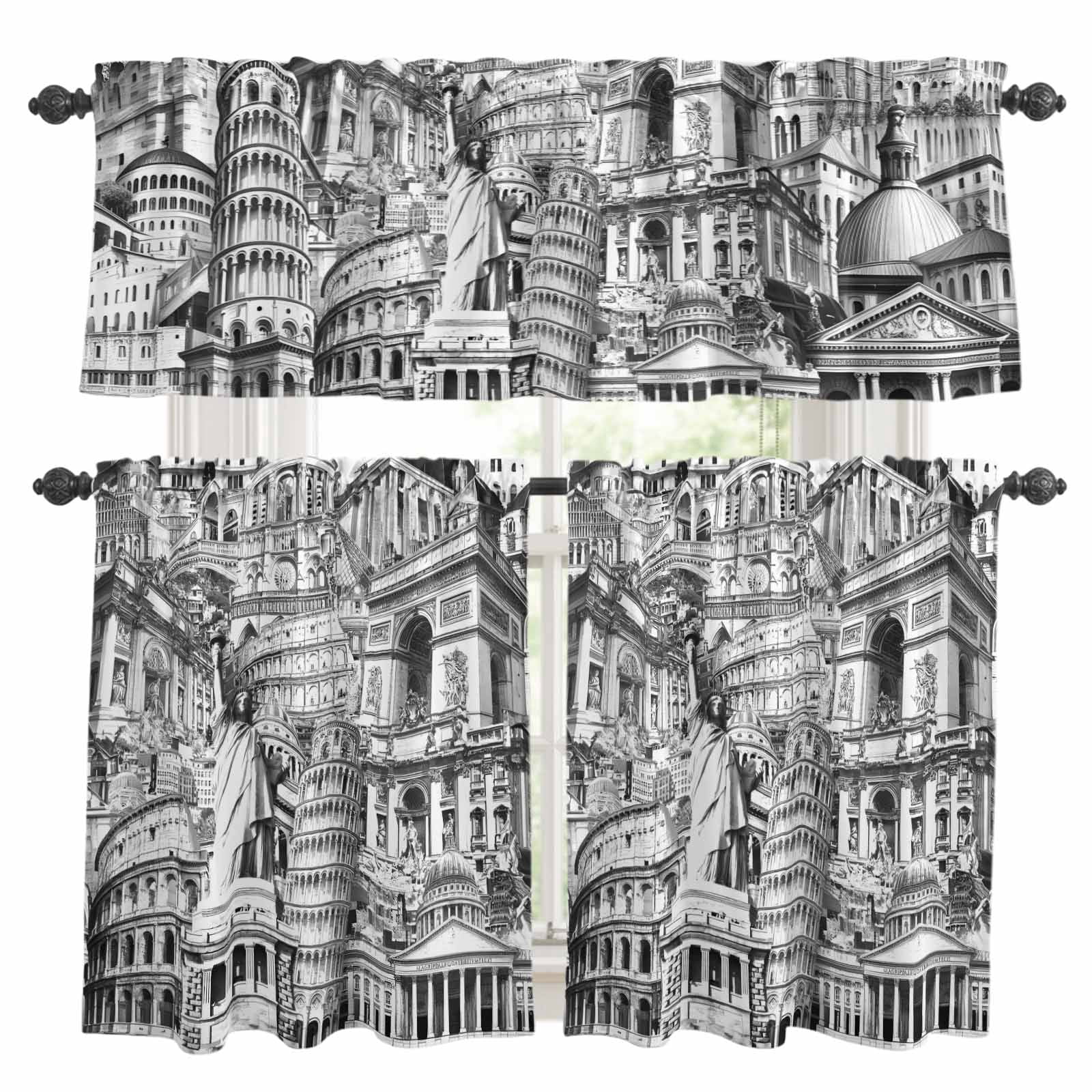 Black Abstract Art Kitchen Curtains Set for Windows, Classical World ...