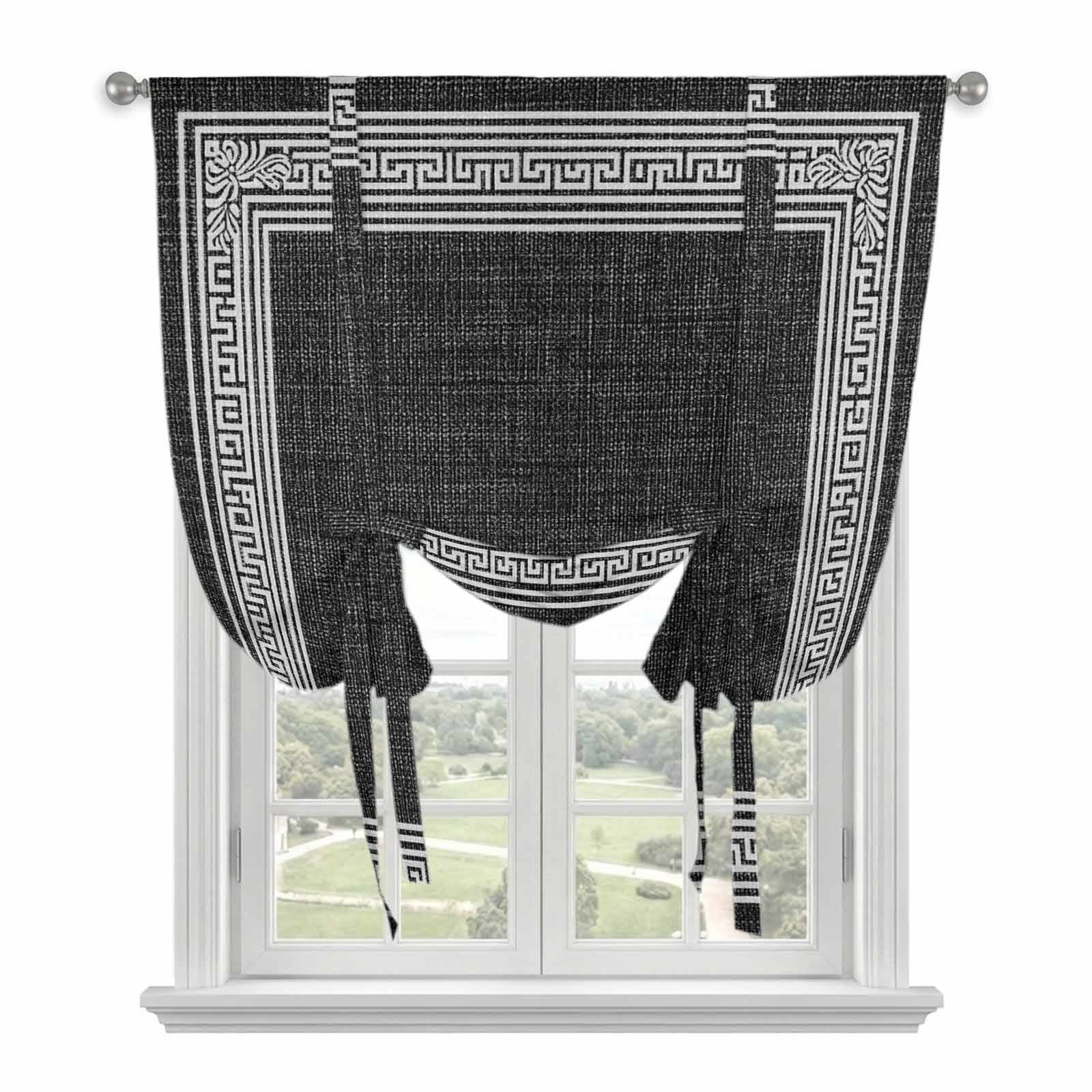 Black Abstract Art Tie Up Curtains, Vintage Linen Greek Key Geometric ...
