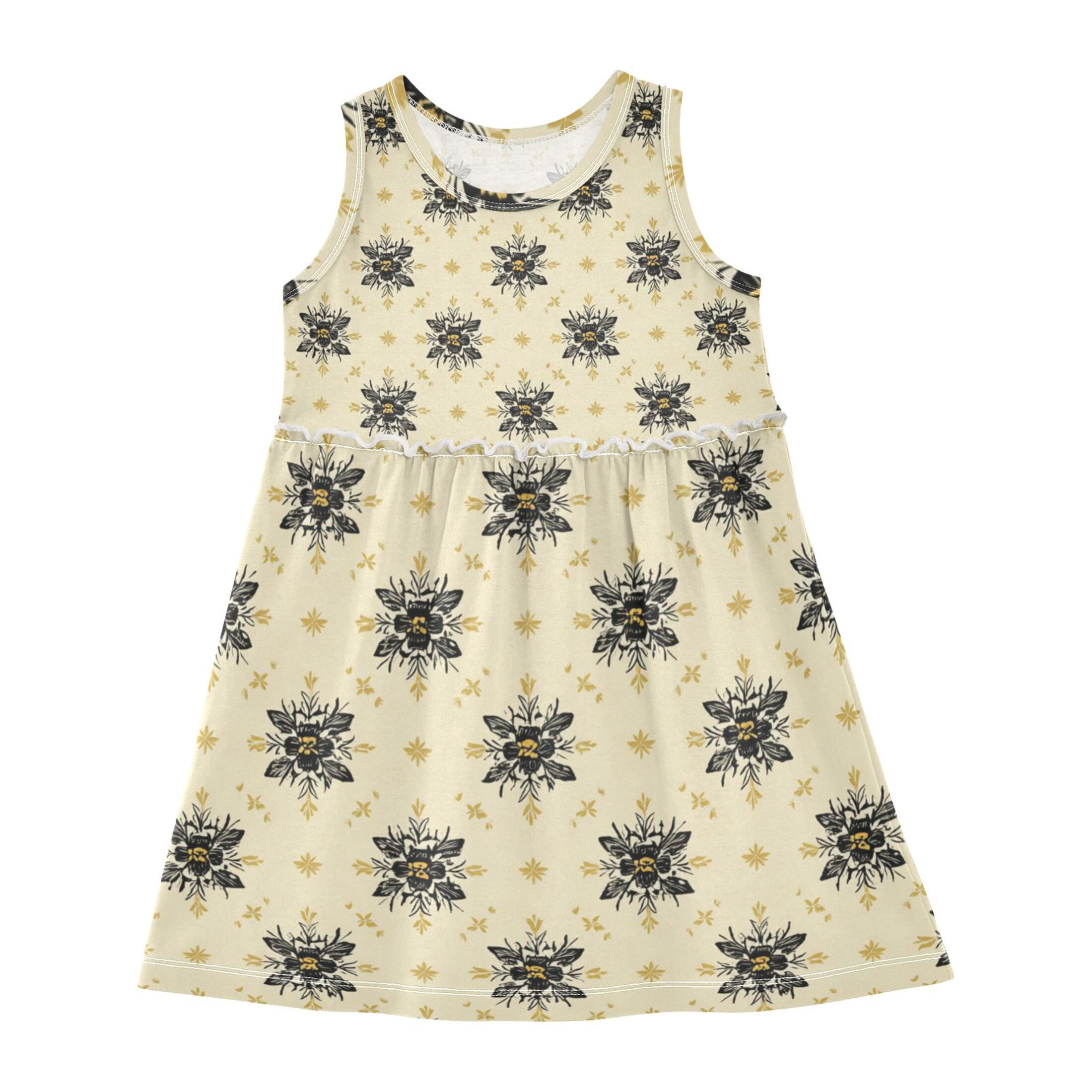 Black Abstract Flower Pattern Sleeveless Dress A-Line One-Piece Dress ...