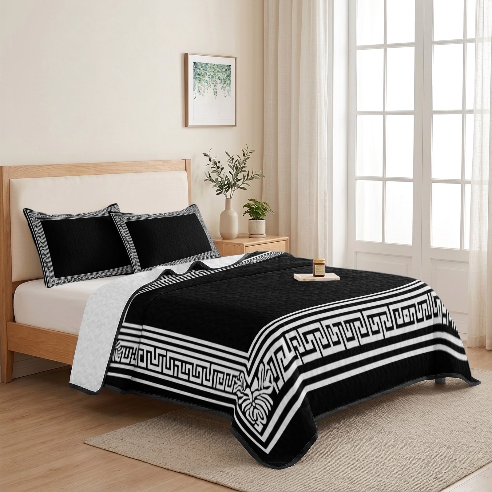 Black Abstract Geometric 3 Pieces Quilt Set,1 Quilt with 2 Shams,Back ...