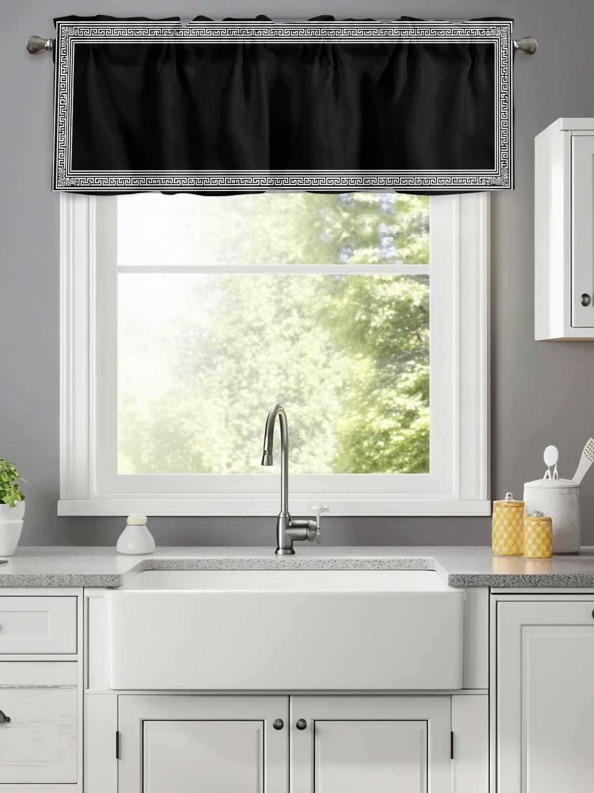 Black Abstract Geometric Valances for Windows,Kitchen Valance Rod ...