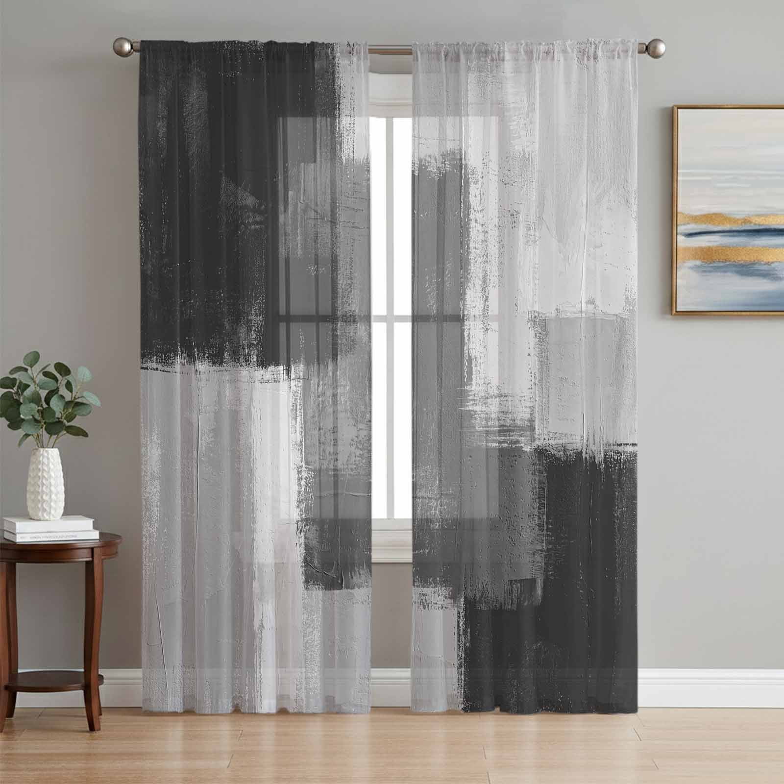 Black Abstract Sheer Curtains 96 Inch Length 2 Panels Set Window ...