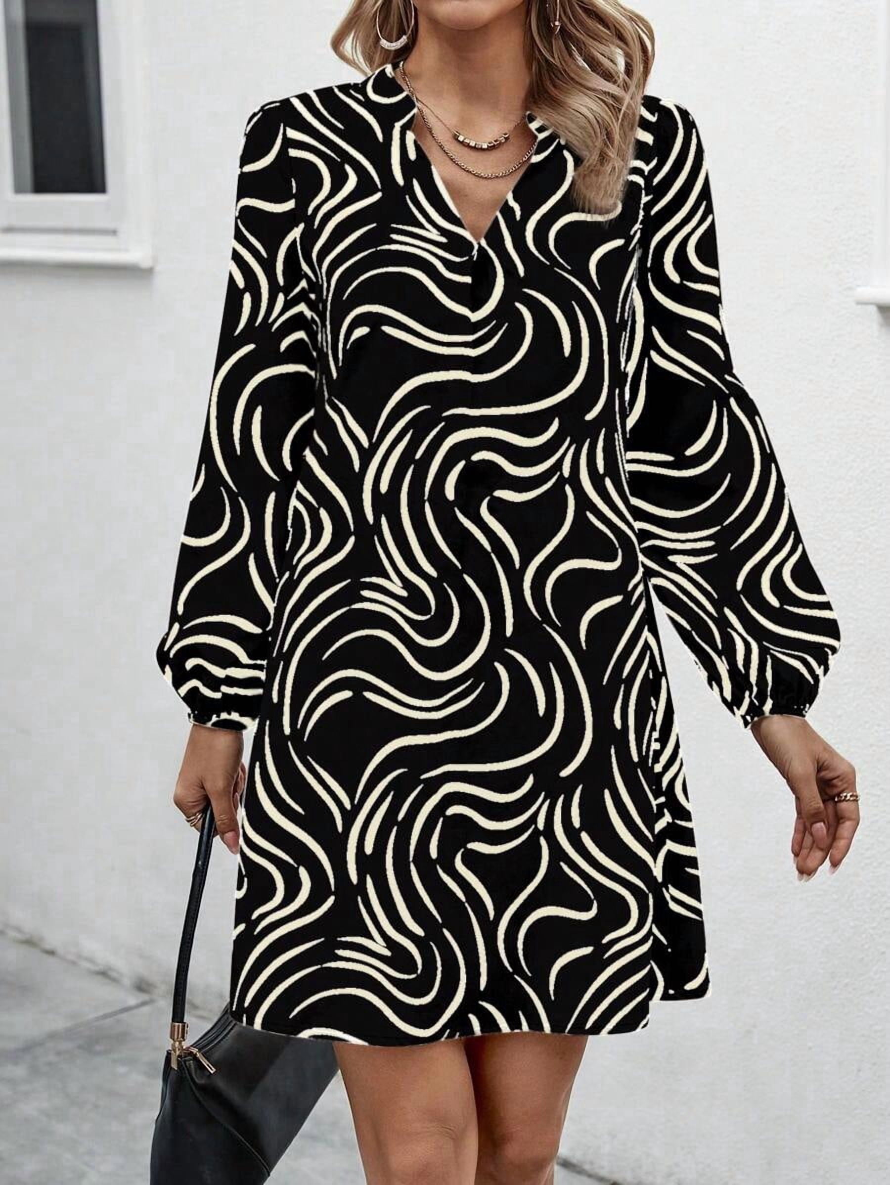 Black Abstract Swirl Print Notched Collar Lantern Sleeve Mini Dress For ...