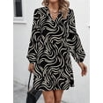 Black Abstract Swirl Print Notched Collar Lantern Sleeve Mini Dress For ...
