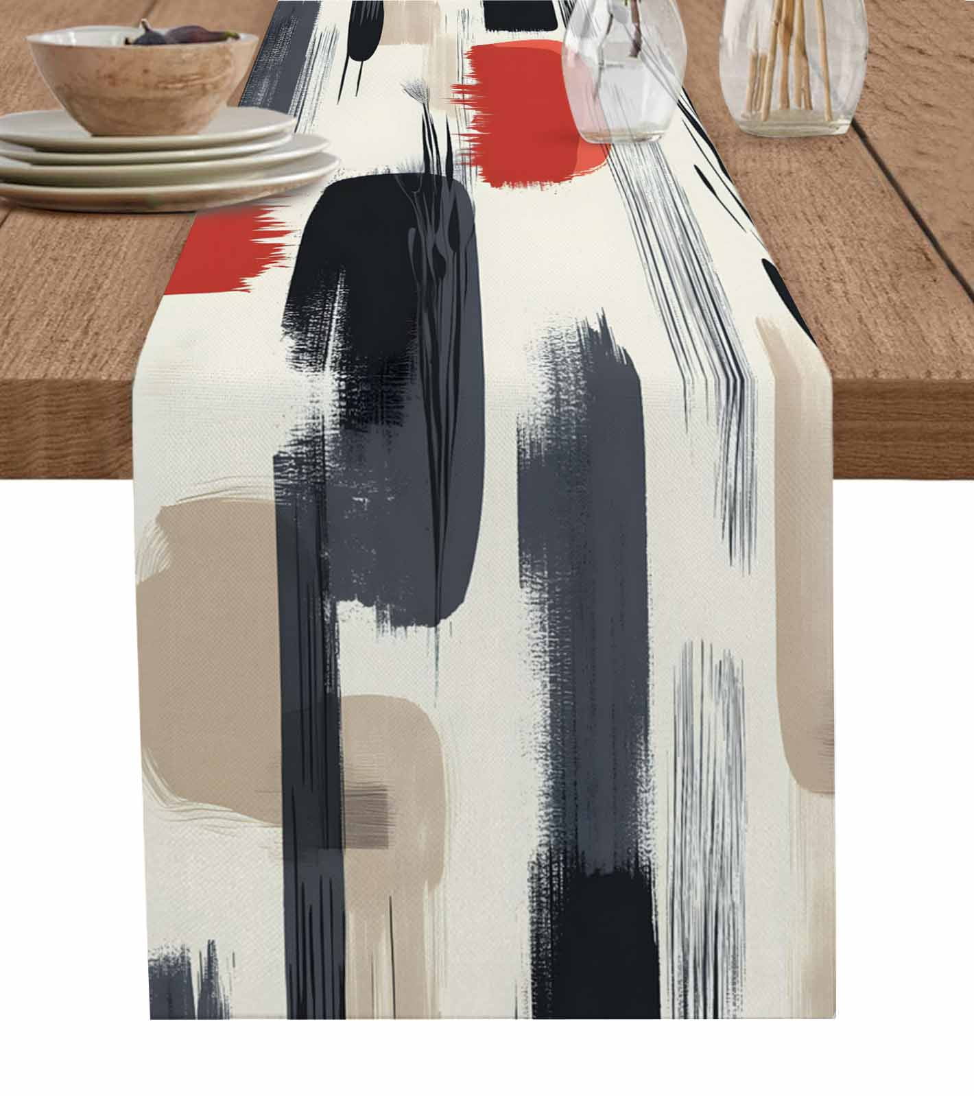 Black Abstract Table Runner 72 Inches, Geometric Grey Oil Painting Art ...