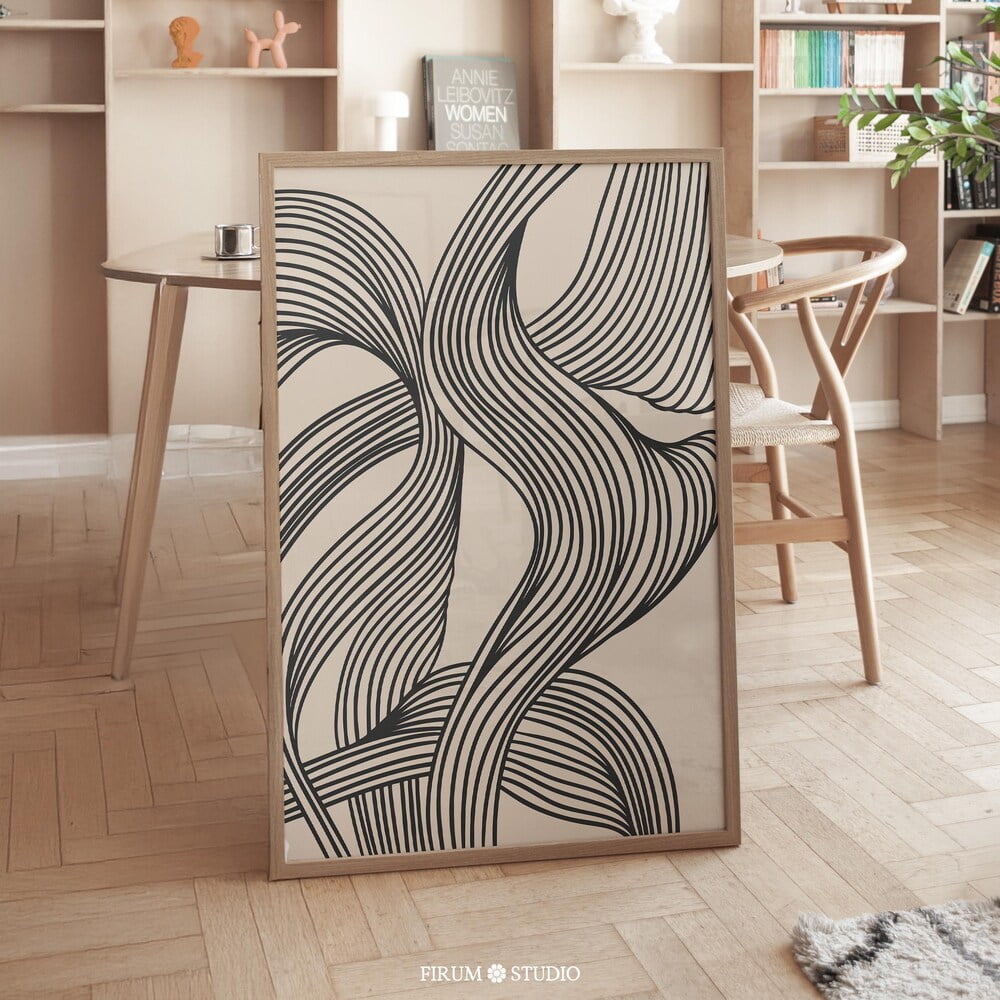 Black Abstract Wave Art, Mid Century Modern Line Design, Minimalist ...