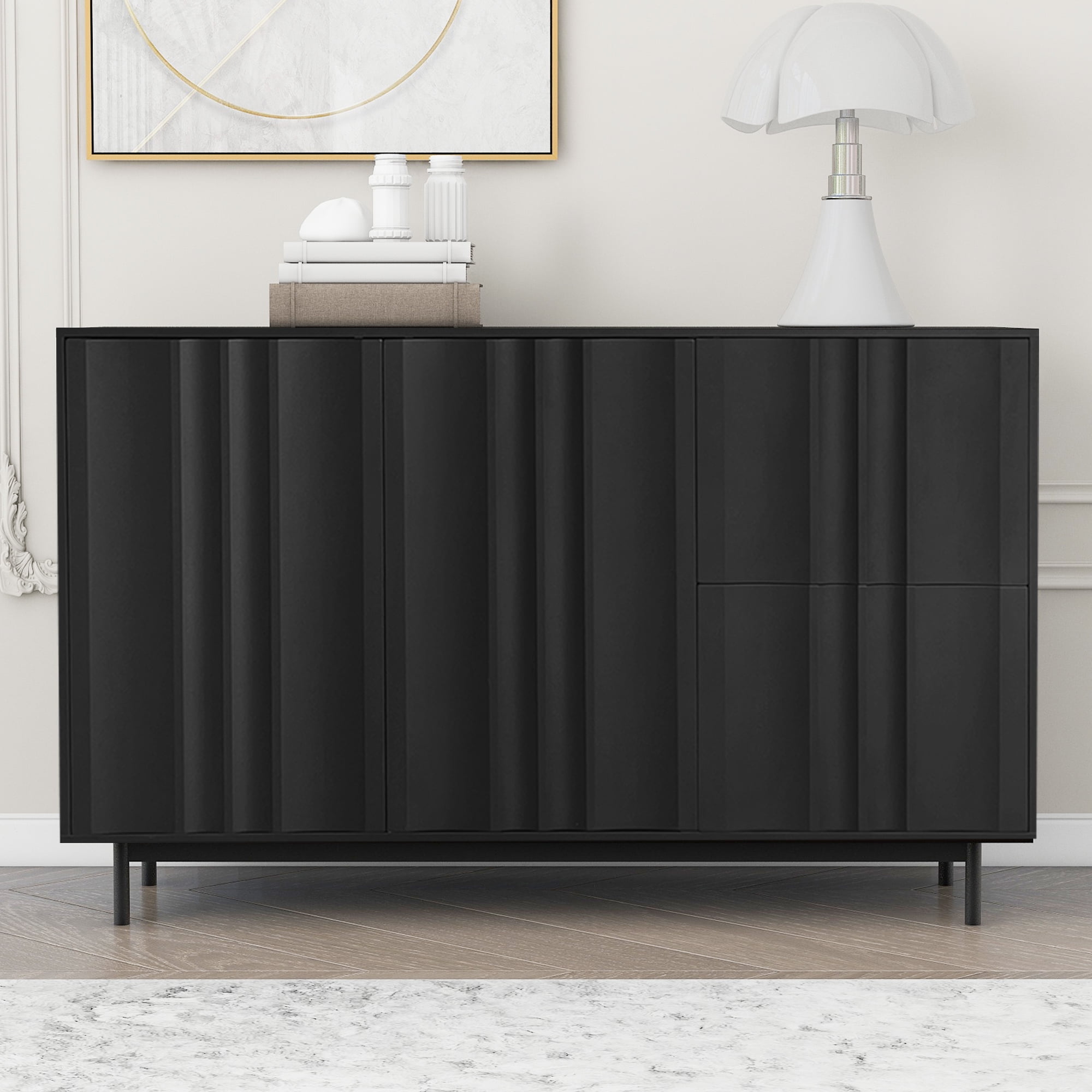 Black Accent Cabinet, Atumon Buffet Cabinet with Wave Pattern Design, Storage Cabinet with 2 ...