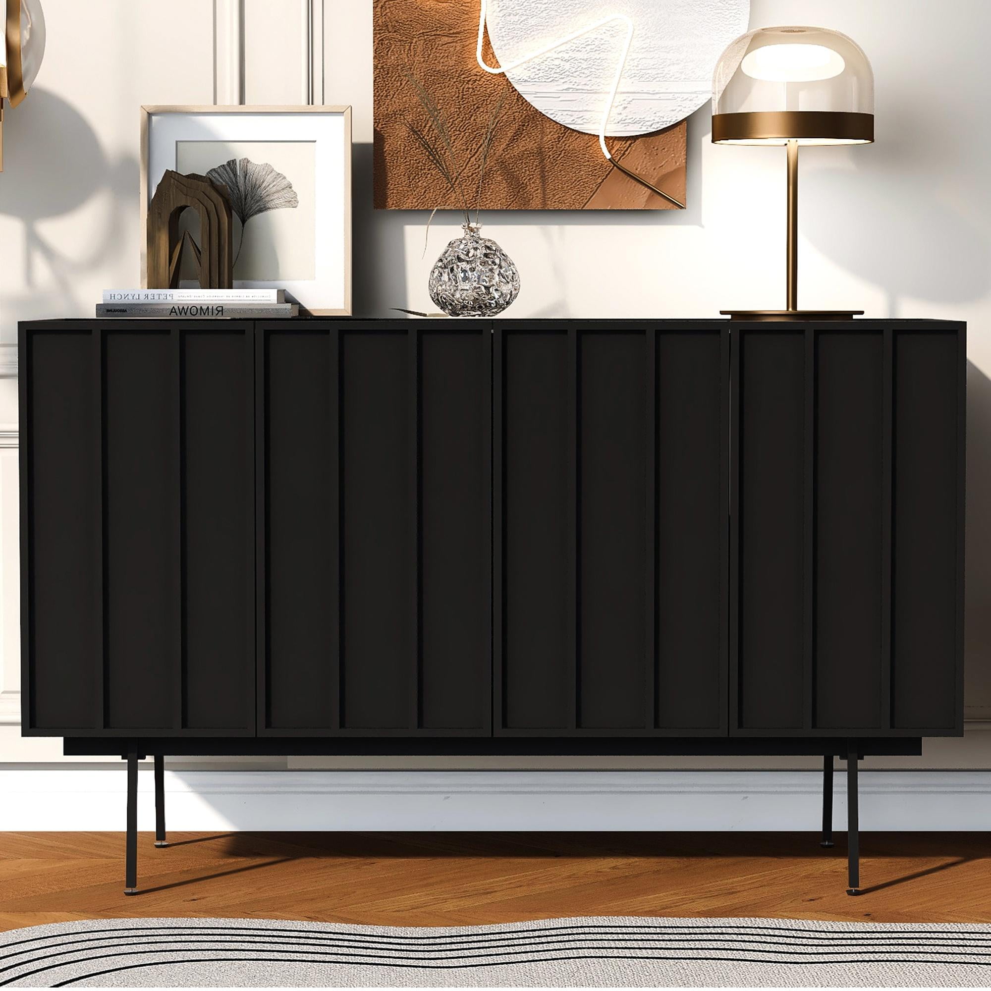 Black Accent Cabinet, Atumon Buffet Cabinet with Wave Pattern Design, Storage Cabinet with 4 ...