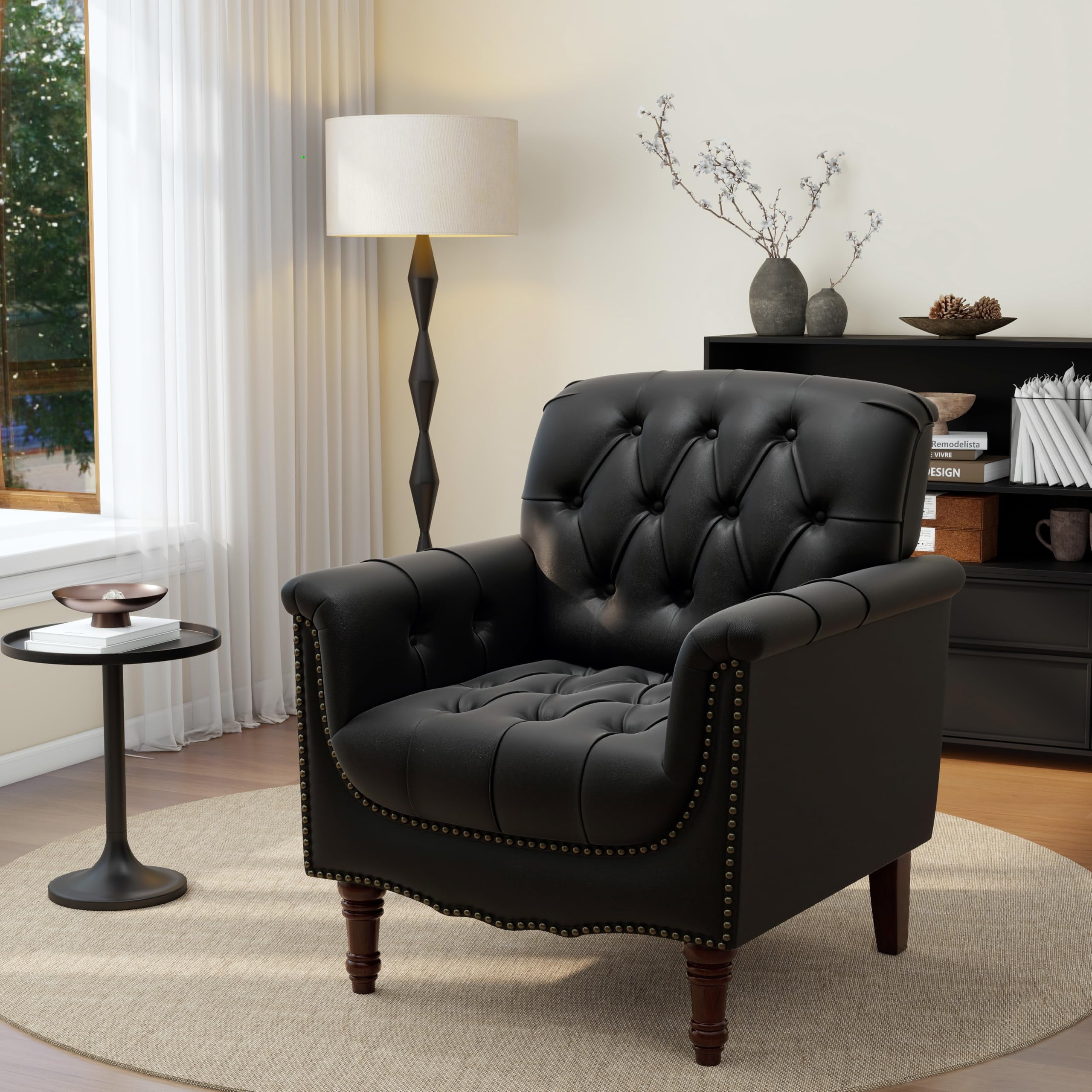 Black Accent Chair for Living Room, Faux Leather Tufted Arm Chair Retro ...