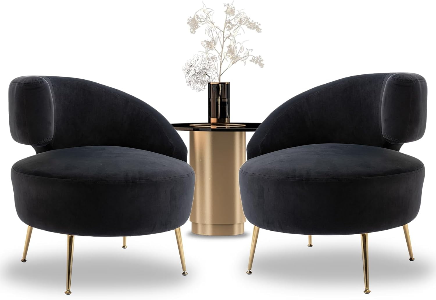 Black Accent Chairs Set of 2, Barrel Chairs with Golden feet, Modern ...